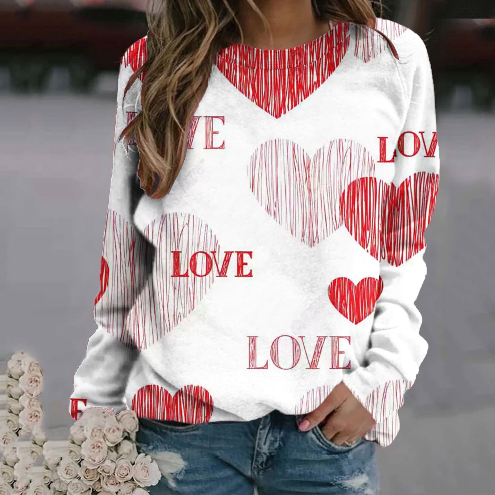 Aboser Valentine's Day Sweatshirts for Women Love Heart Print Pullover Sweatshirt Long Sleeve ...