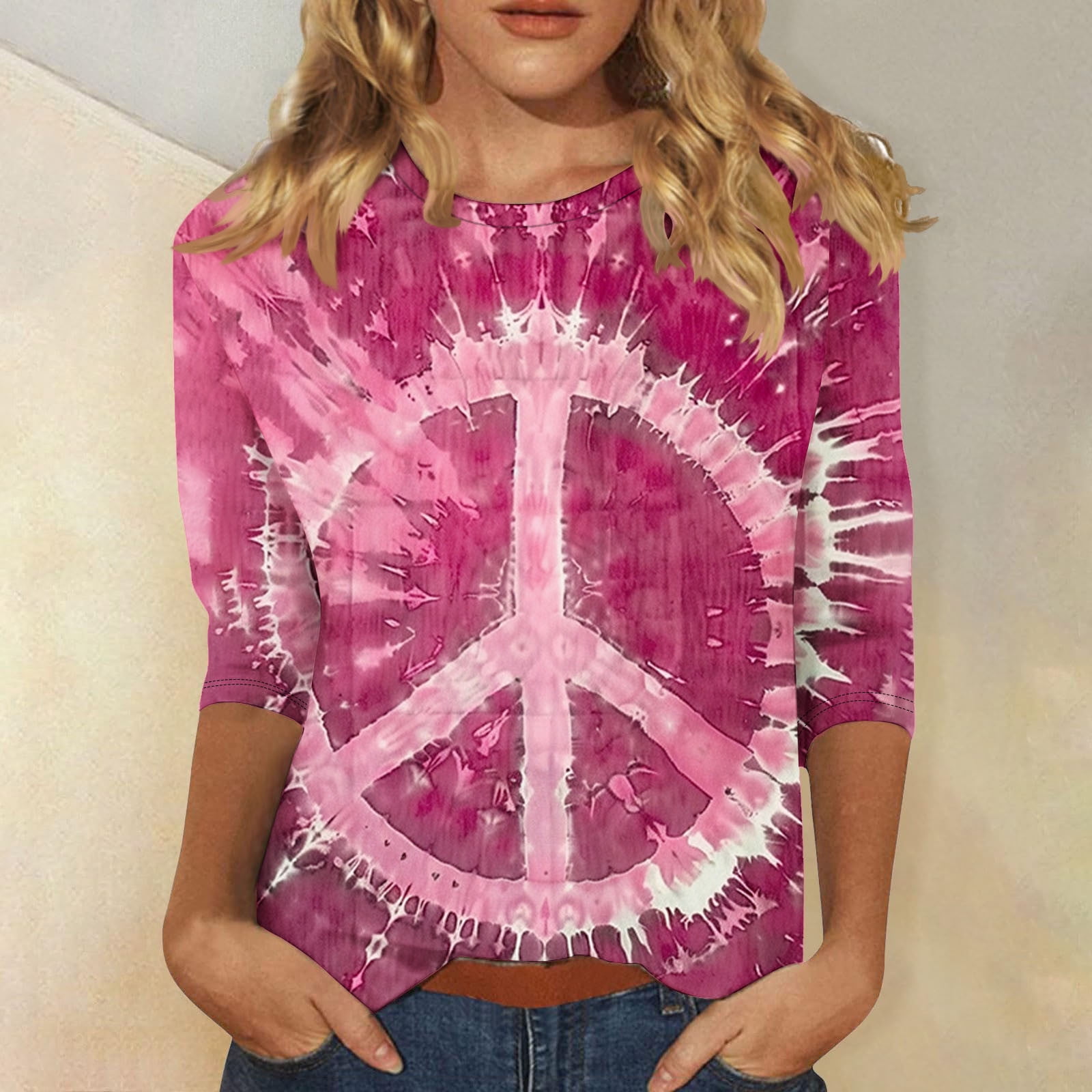 Aboser Vintage 60s Shirts for Women 3/4 Sleeve Hippie Tops Peace Sign ...