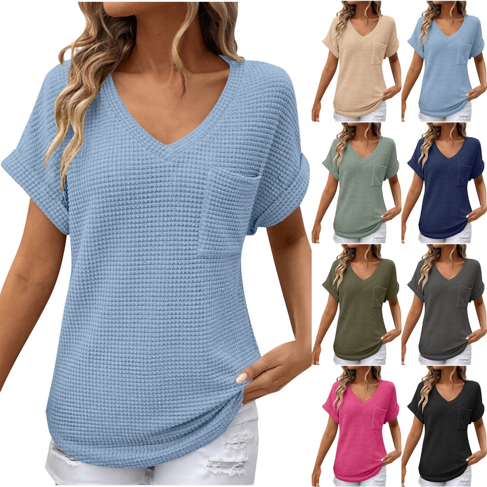 Aboser Waffle Tops for Women Summer Casual T Shirts Comfy V Neck Tshirts Loose Fit Short Sleeve ...