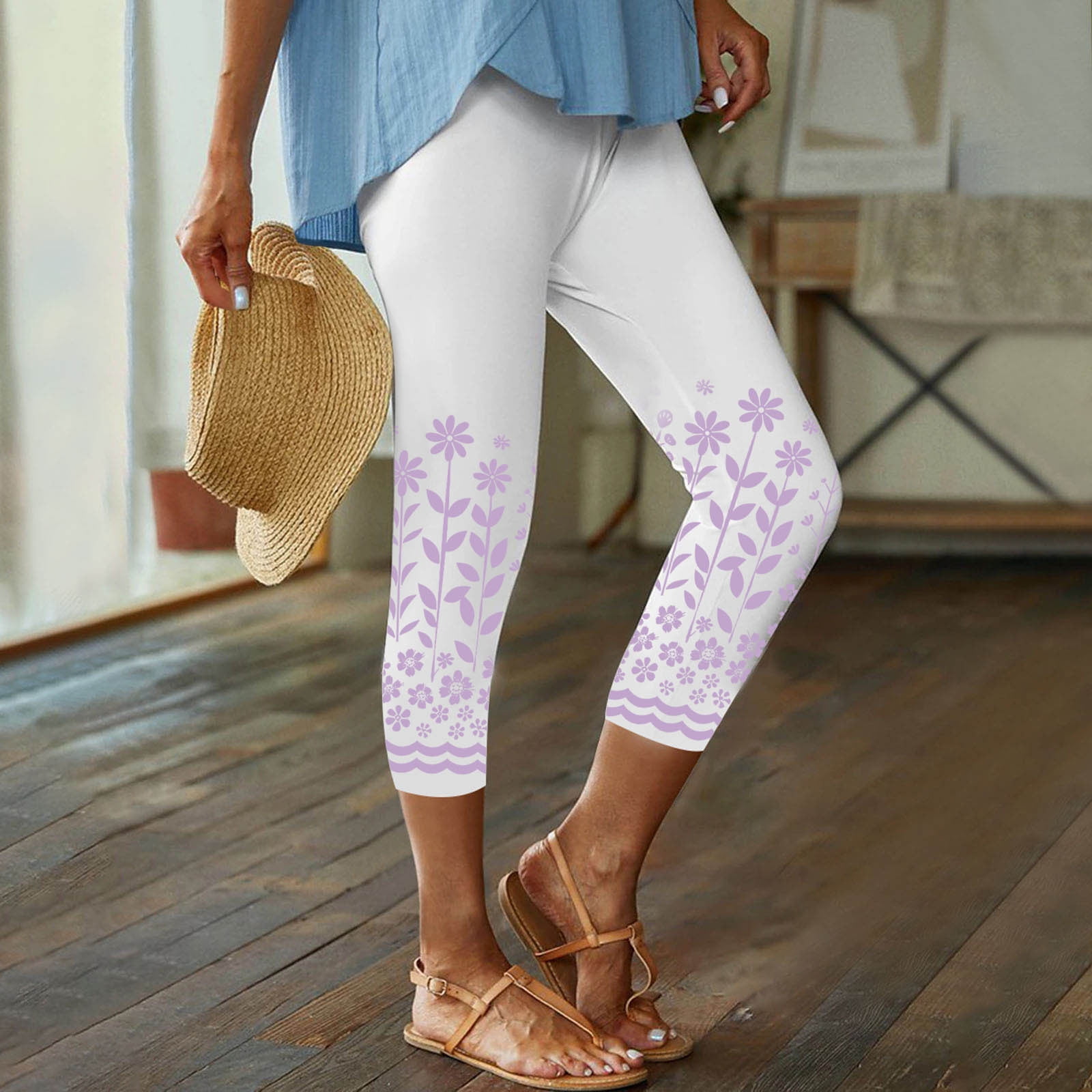 Aboser Women Boho Floral Print Capri Leggings High Waist Yoga Pants Summer Casual Cropped Lounge ...