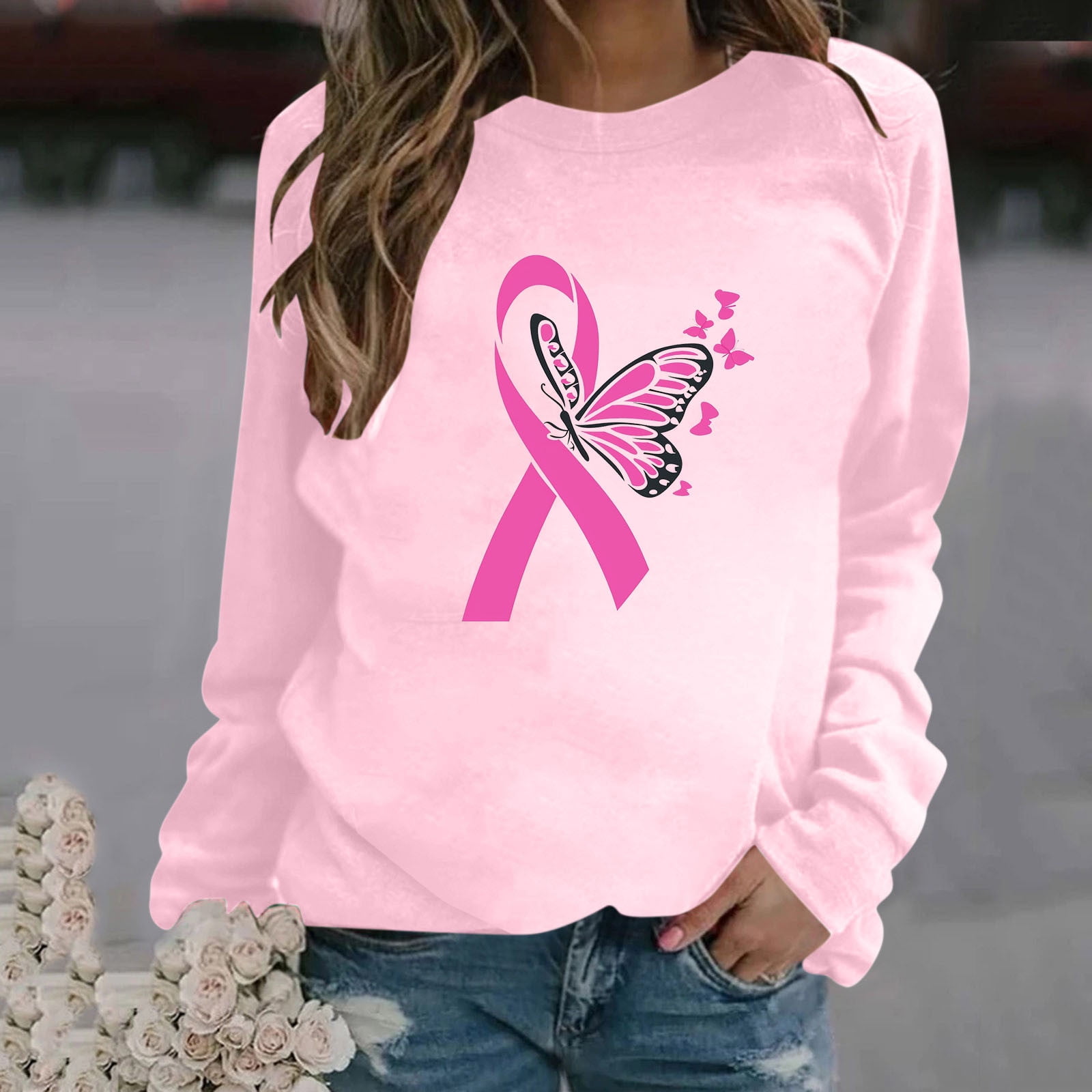 Aboser Women Breast Cancer Awareness Shirt Long Sleeve Pink Ribbon ...