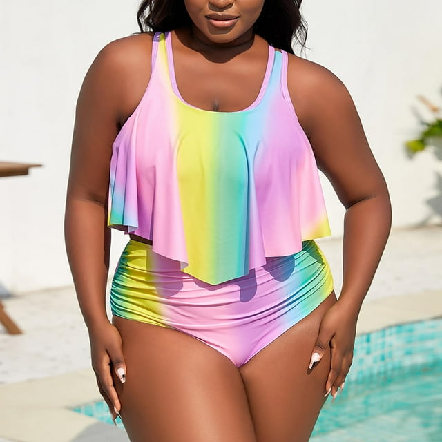 Aboser Women Double Layer Blouson Swimsuit Trendy Rainbow Print Bikini Sets Tiered Swim Tank Top ...