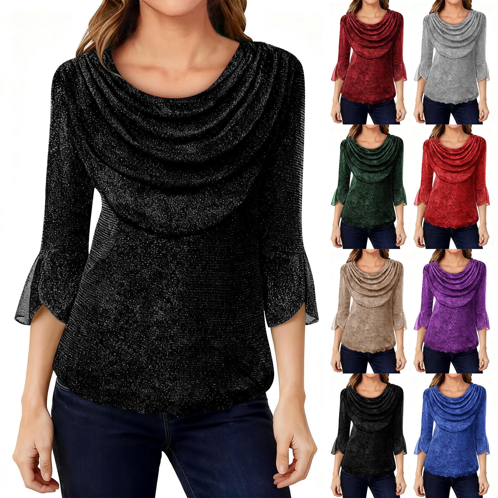 Aboser Women's 3/4 Sleeve Tops Dressy Cowl Neck Party Shirts Sparkly ...