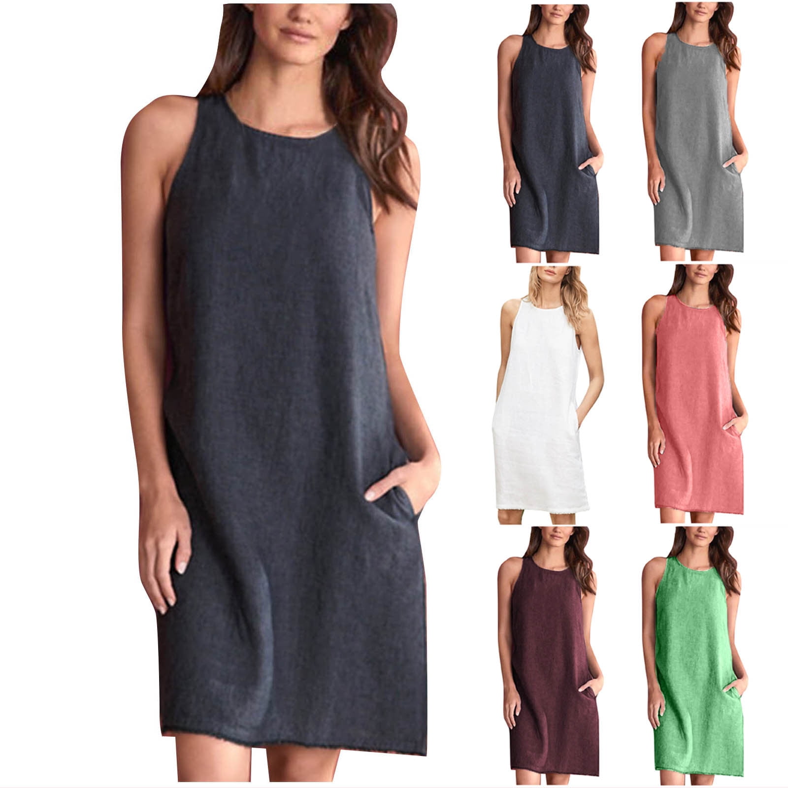 Aboser Women's Casual Linen Tank Dresses with Pockets Summer Fashion Midi Dress Loose Plain ...