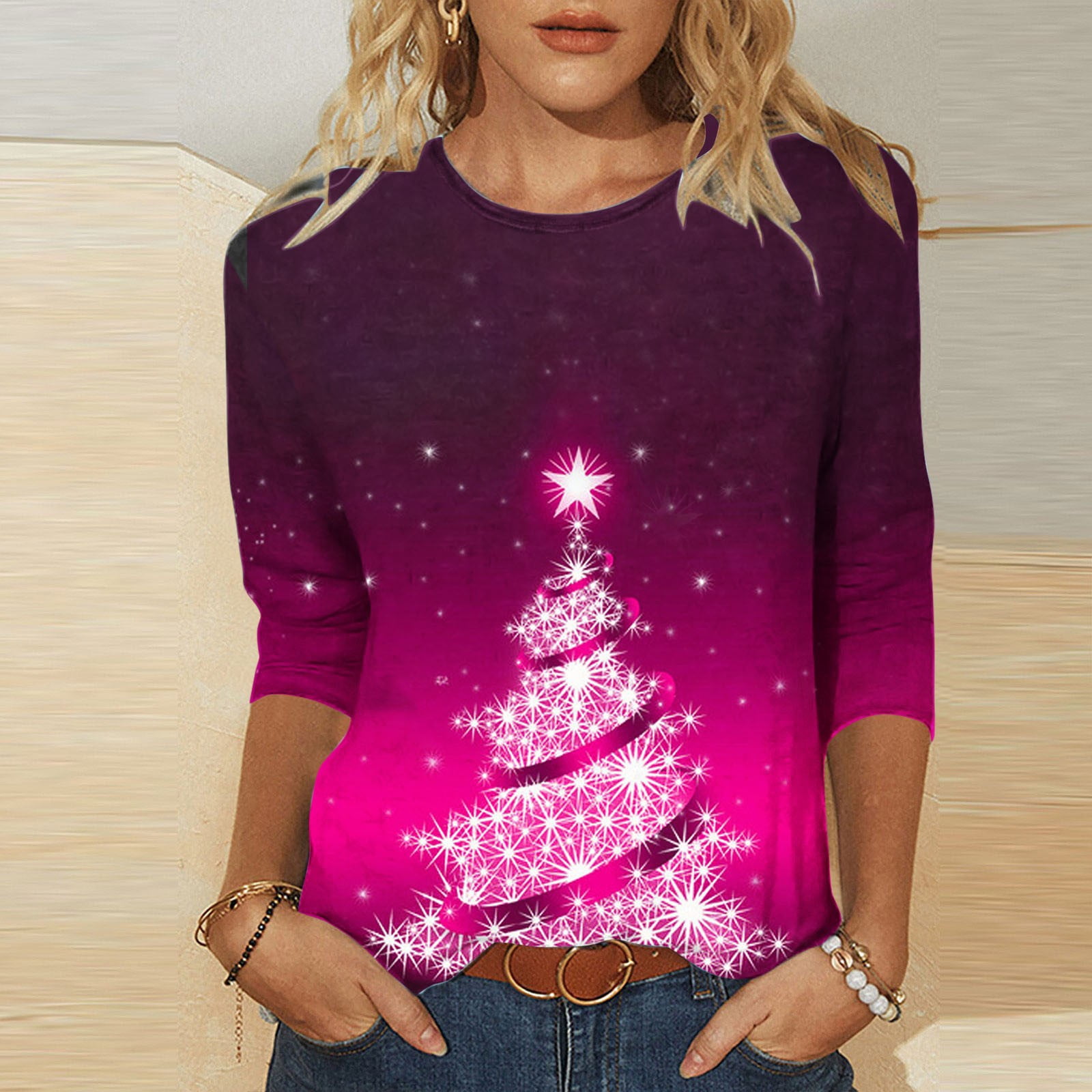 Aboser Women's Christmas Tree Graphic Tees 3/4 Sleeve Holiday Shirts ...
