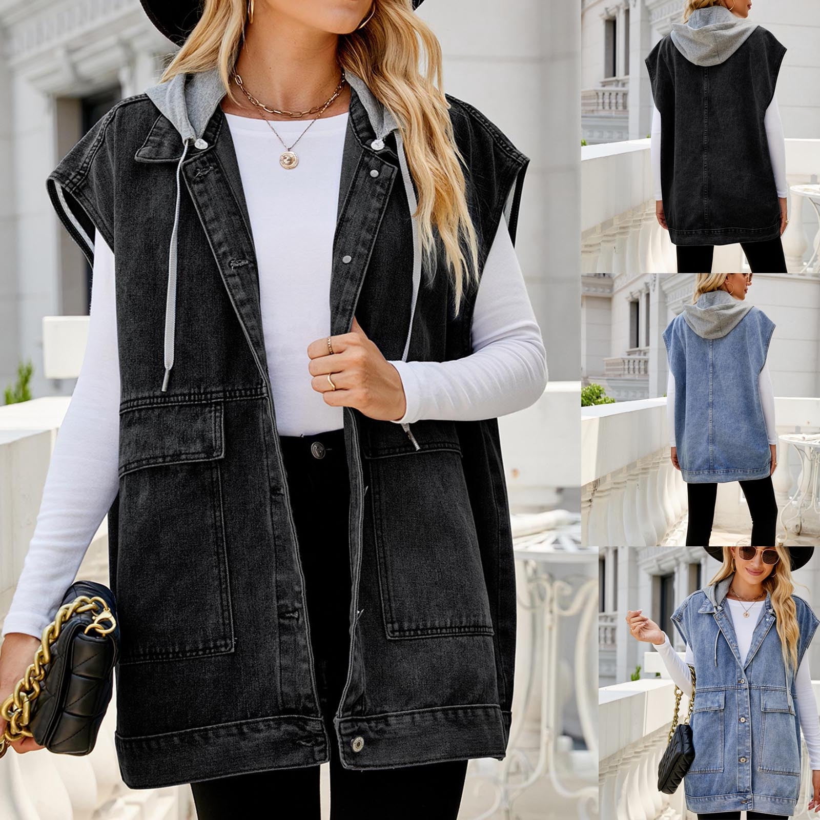 Aboser Women's Denim Vest Jacket with Hood Button Down Jean Vests ...