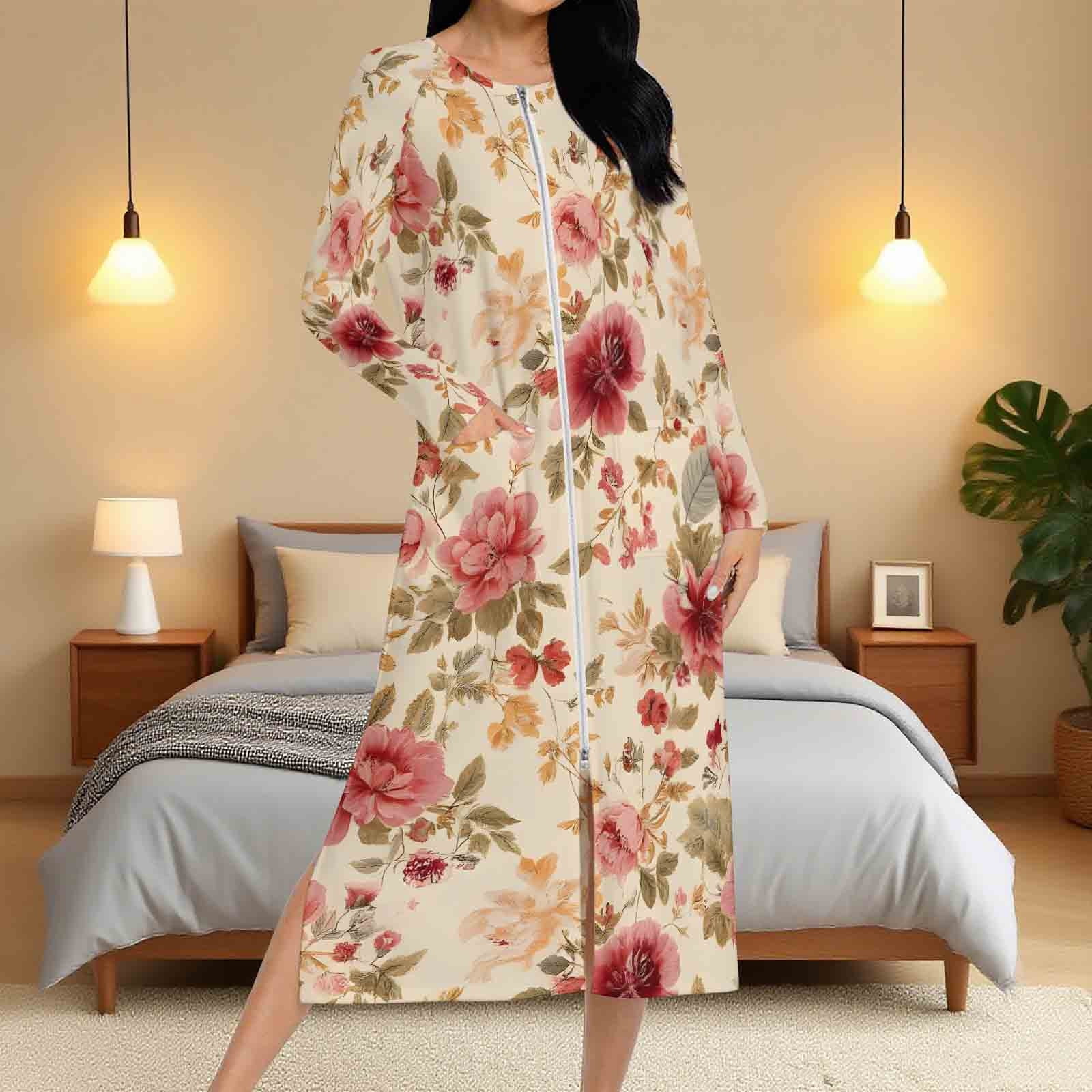 Aboser Women's Front Zipper Robes Elegant Floral Print Bathrobe Long ...