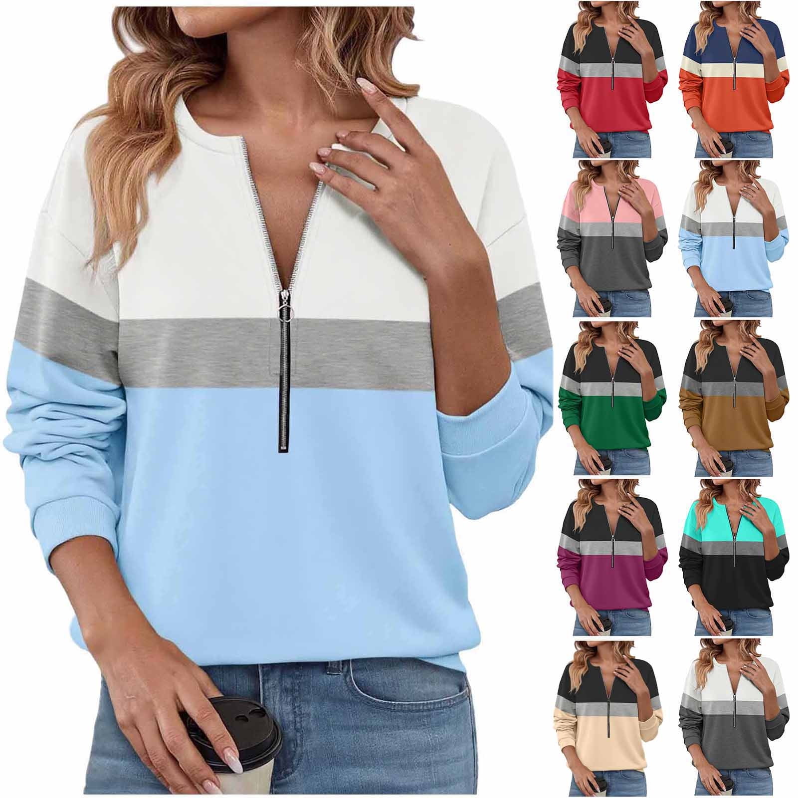 Aboser Women's Half Zip Sweatshirt Fashion Color Block Tunic Tops ...