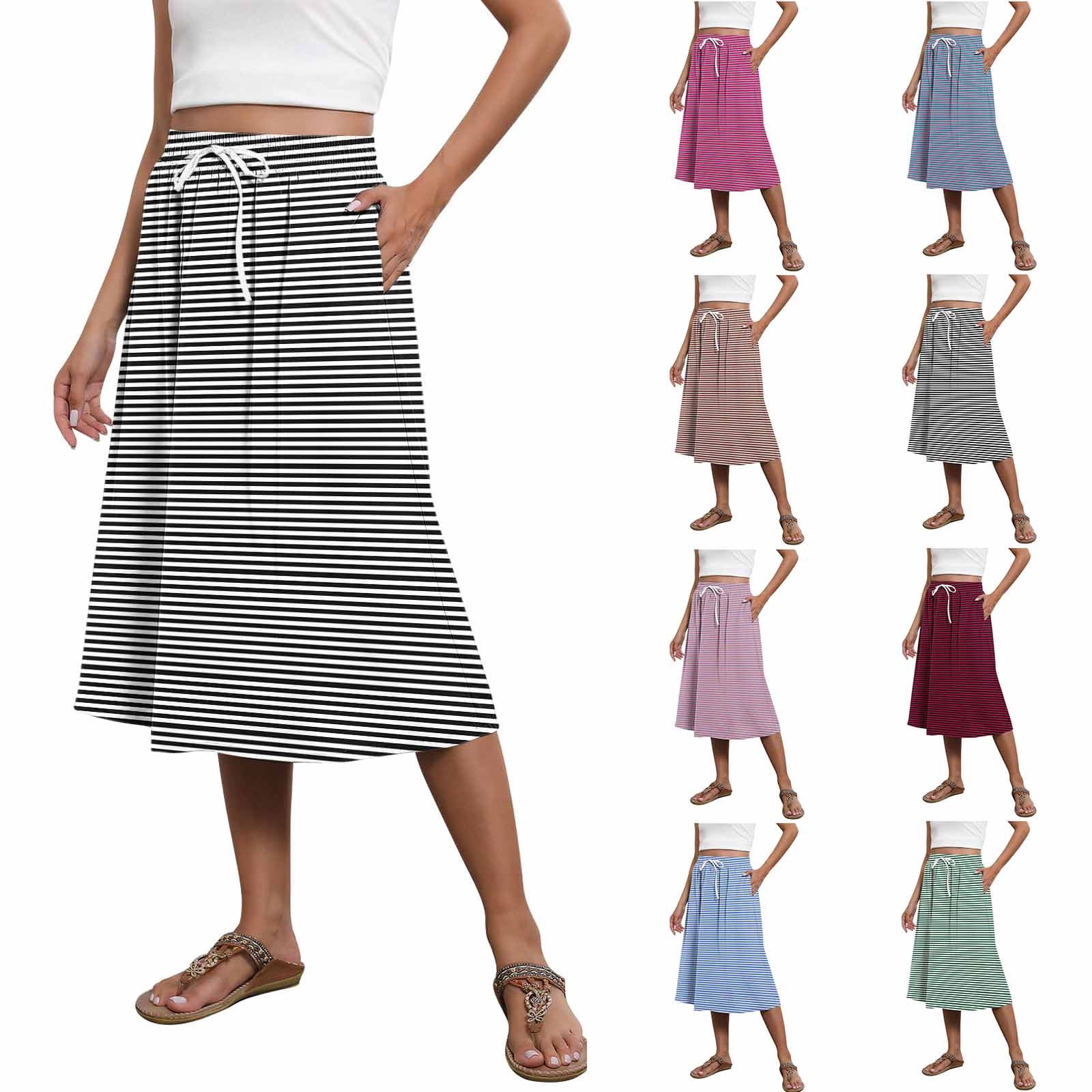 Aboser Women's Midi Skirts Cute Stripes Print Skirt Casual Knee Length ...