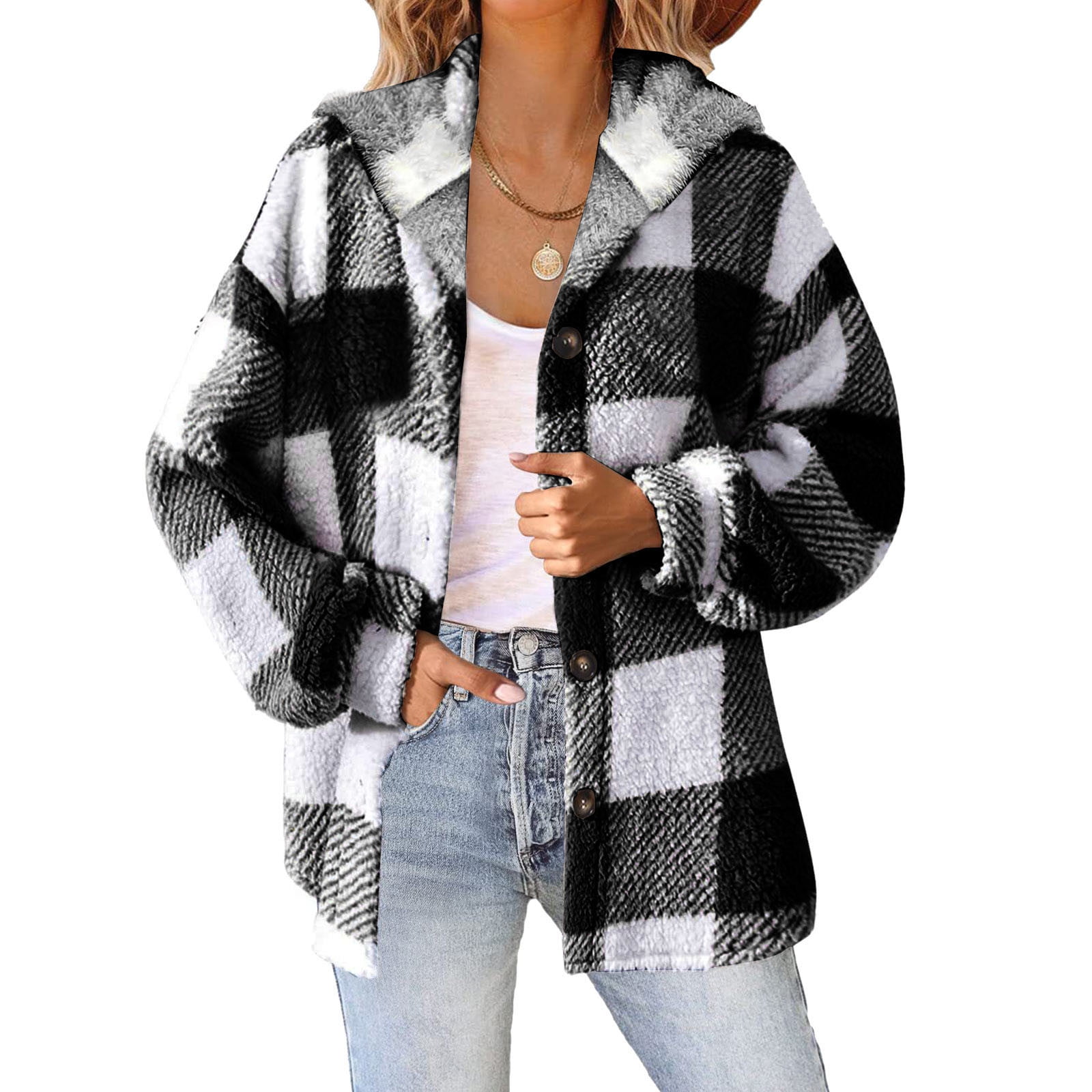Aboser Women's Plaid Shacket Winter Fleece Jacket Coat Watm Button Down ...