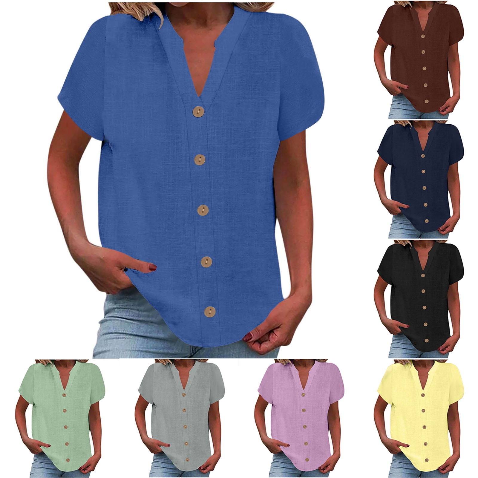 Aboser Women's Plus Size Cotton Linen Tunic Tops Button V Neck Shirts Dressy Casual Short Sleeve ...