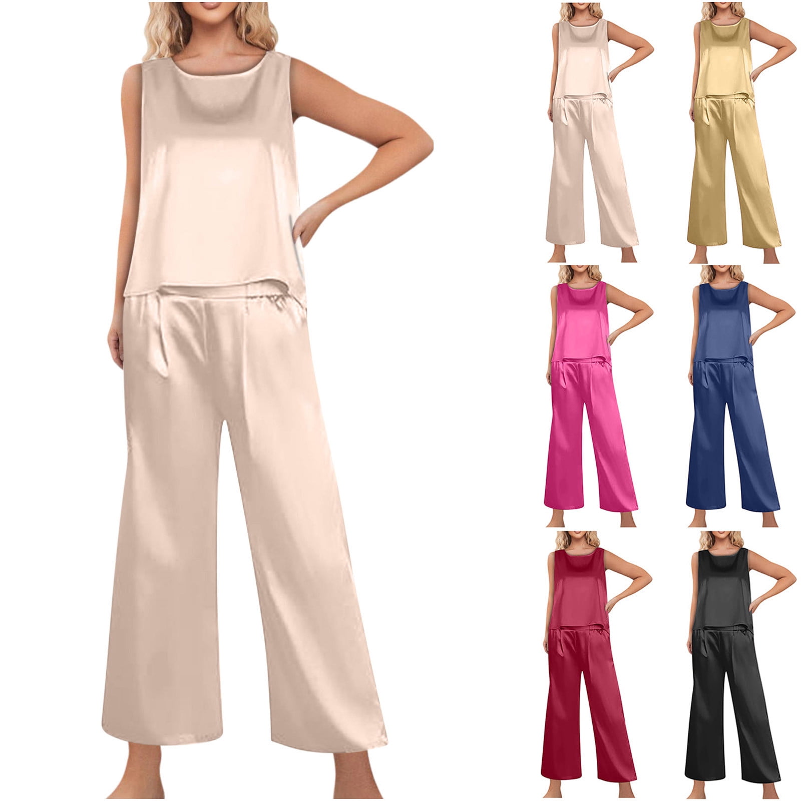 Aboser Women's Silk Satin Lounge Sets 2 Piece Sleepwear Soft Sleeveless ...