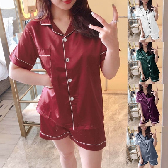 Aboser Women's Silky Satin Loungewear 2 Piece Pajamas Set Button Down ...