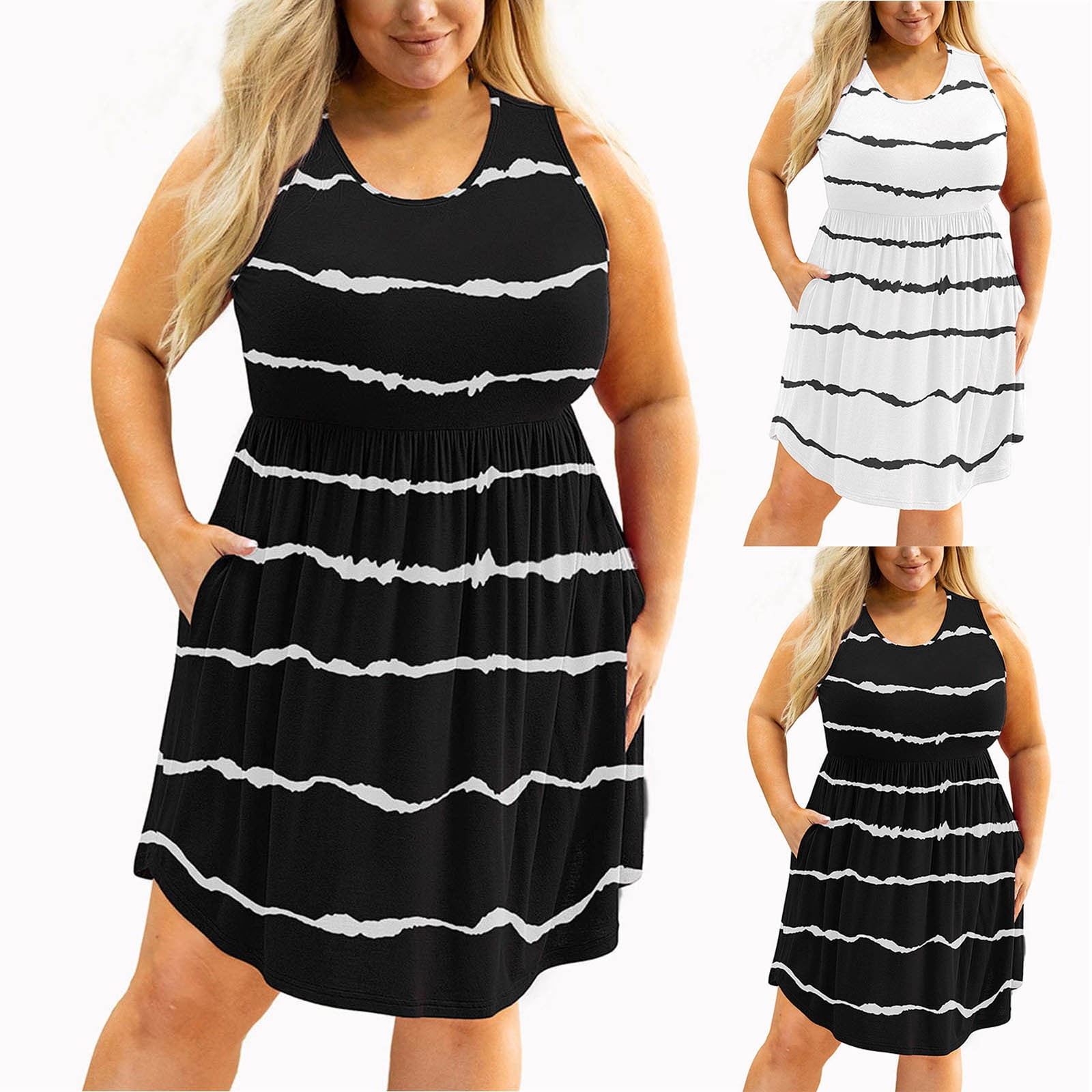 Aboser Women's Sleeveless Striped Dresses Plus Size Summer Beach Dress ...