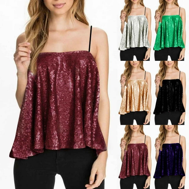 Aboser Women's Sparkly Sequin Tank Tops Trendy Spaghetti Strap Tube Top ...