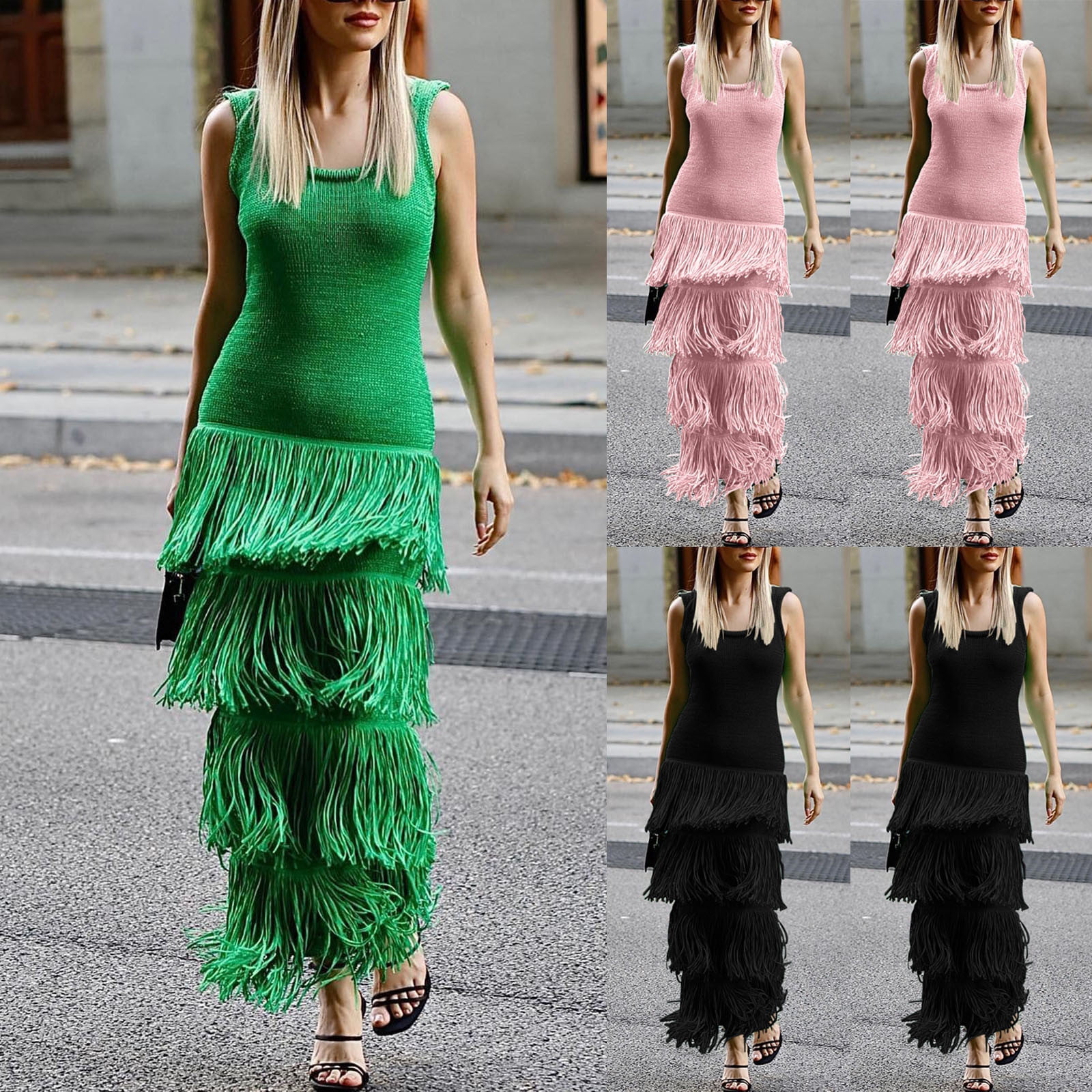Aboser Women's Tassel Knitted Dresses Bodycon Sleeveless Maxi Dress ...