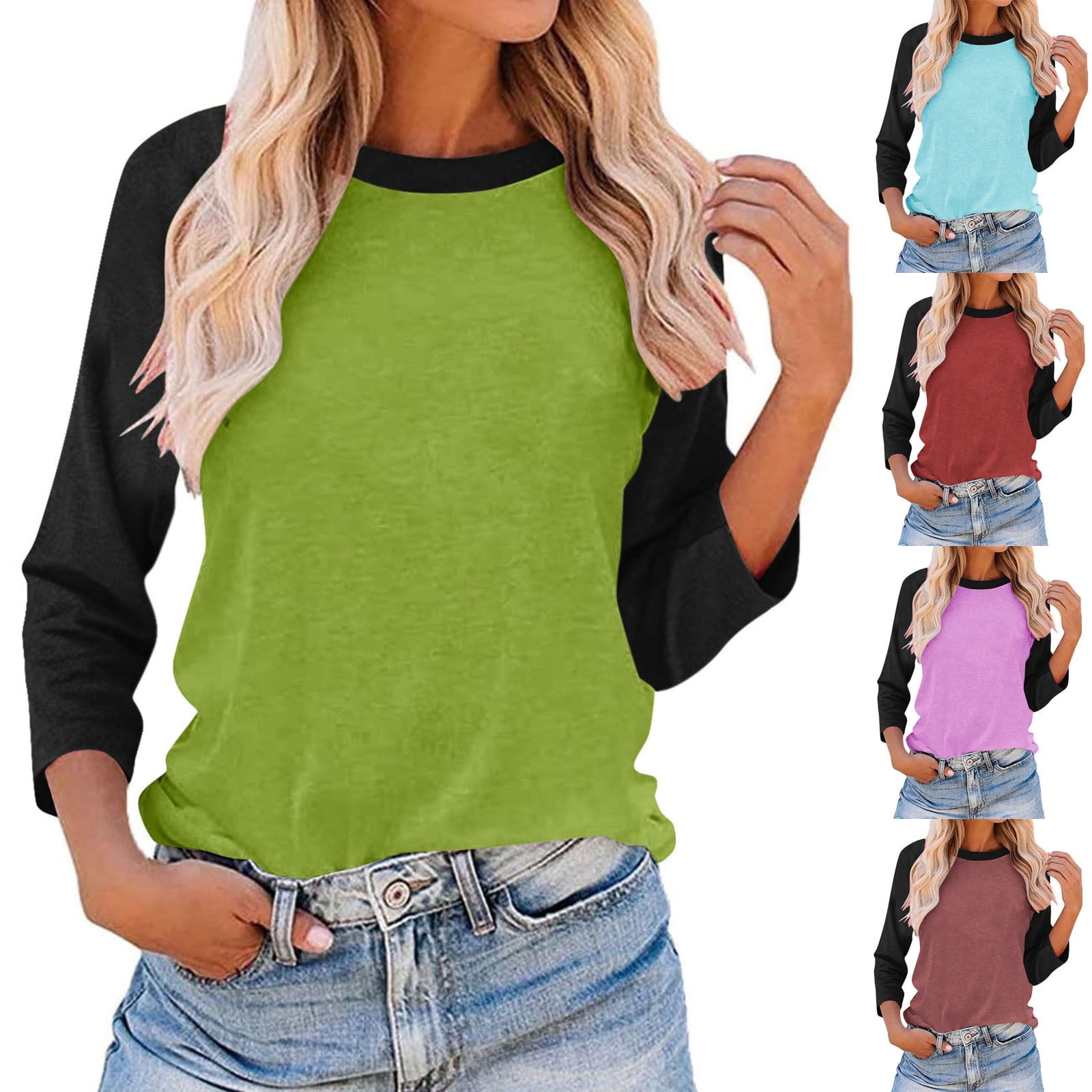 Aboser Women's Tops 3/4 Sleeve Raglan Shirts Fashion Color Block Print ...