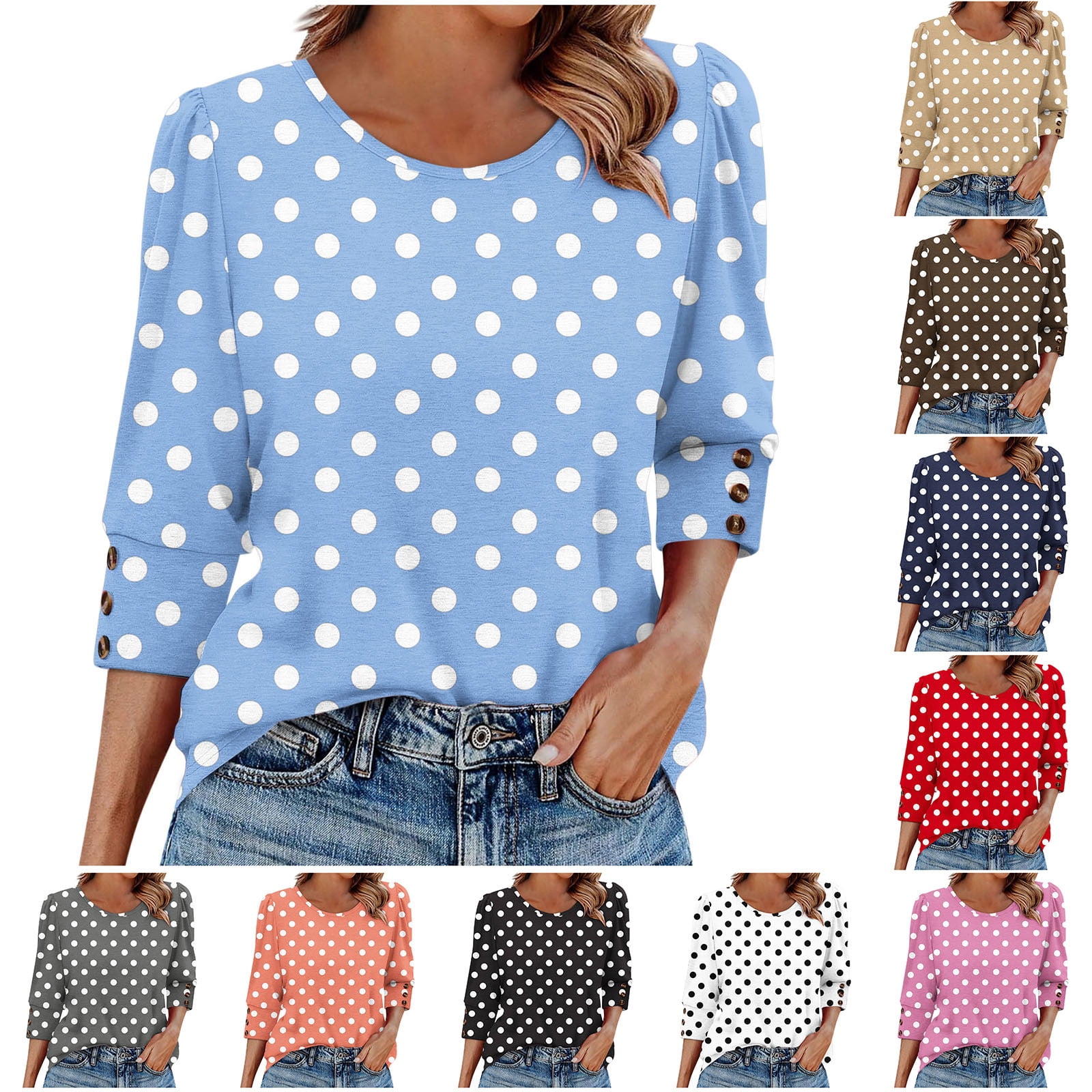 Aboser Womens 3/4 Sleeve Blouses Vintage Polka Dots Printed Shirts ...
