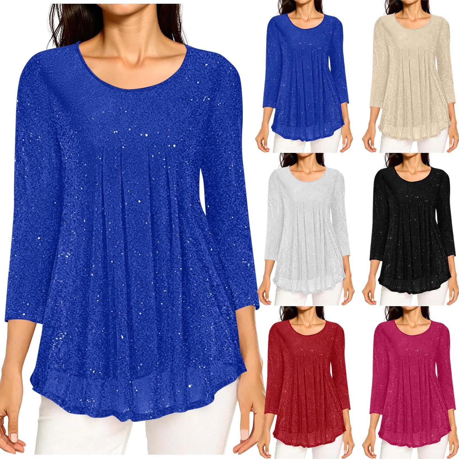 Aboser Womens 3/4 Sleeve Sparkle Tops Pleated Round Neck Tunic Top ...