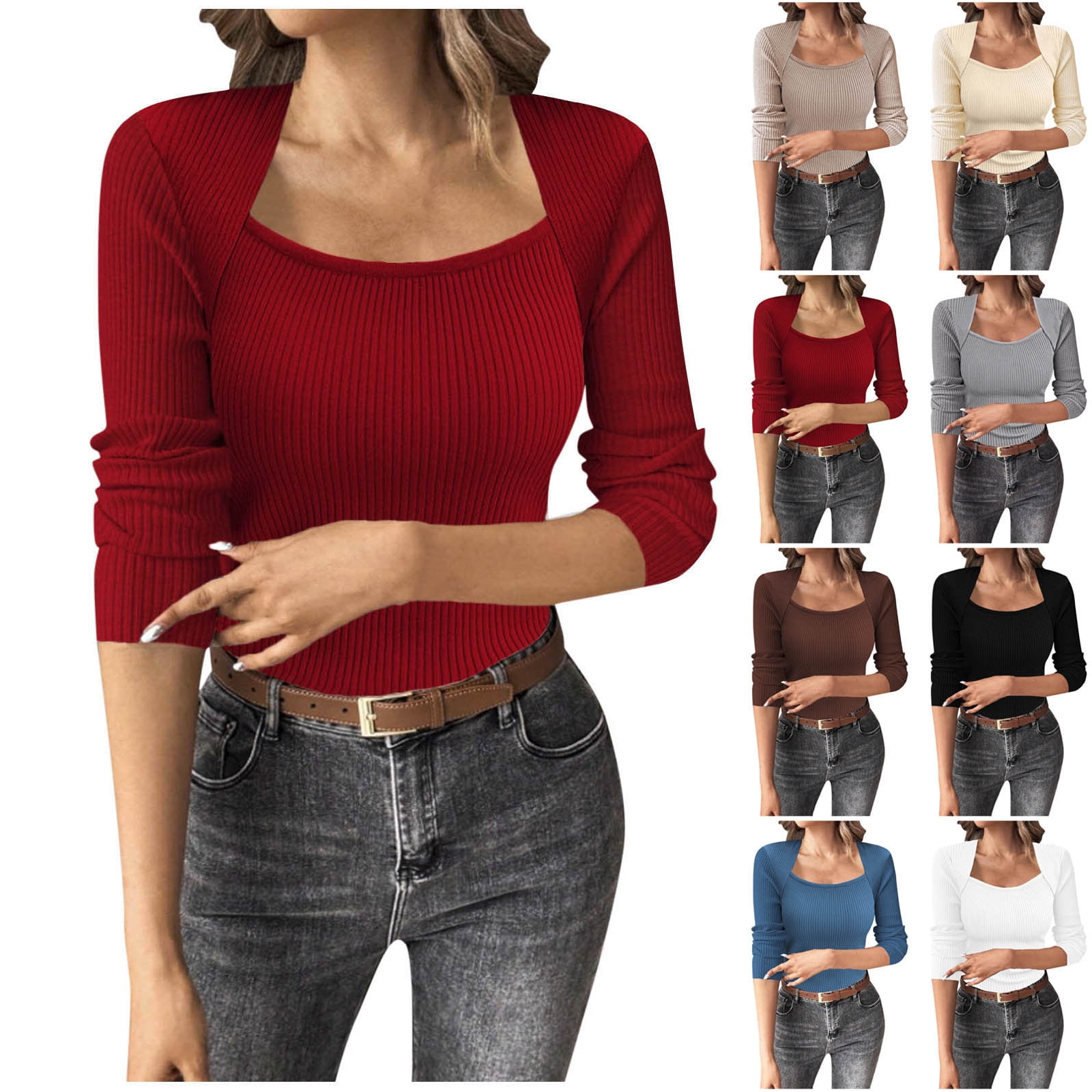 Aboser Womens Basic Sweaters Trendy Square Neck Shirts Stretchy Long ...