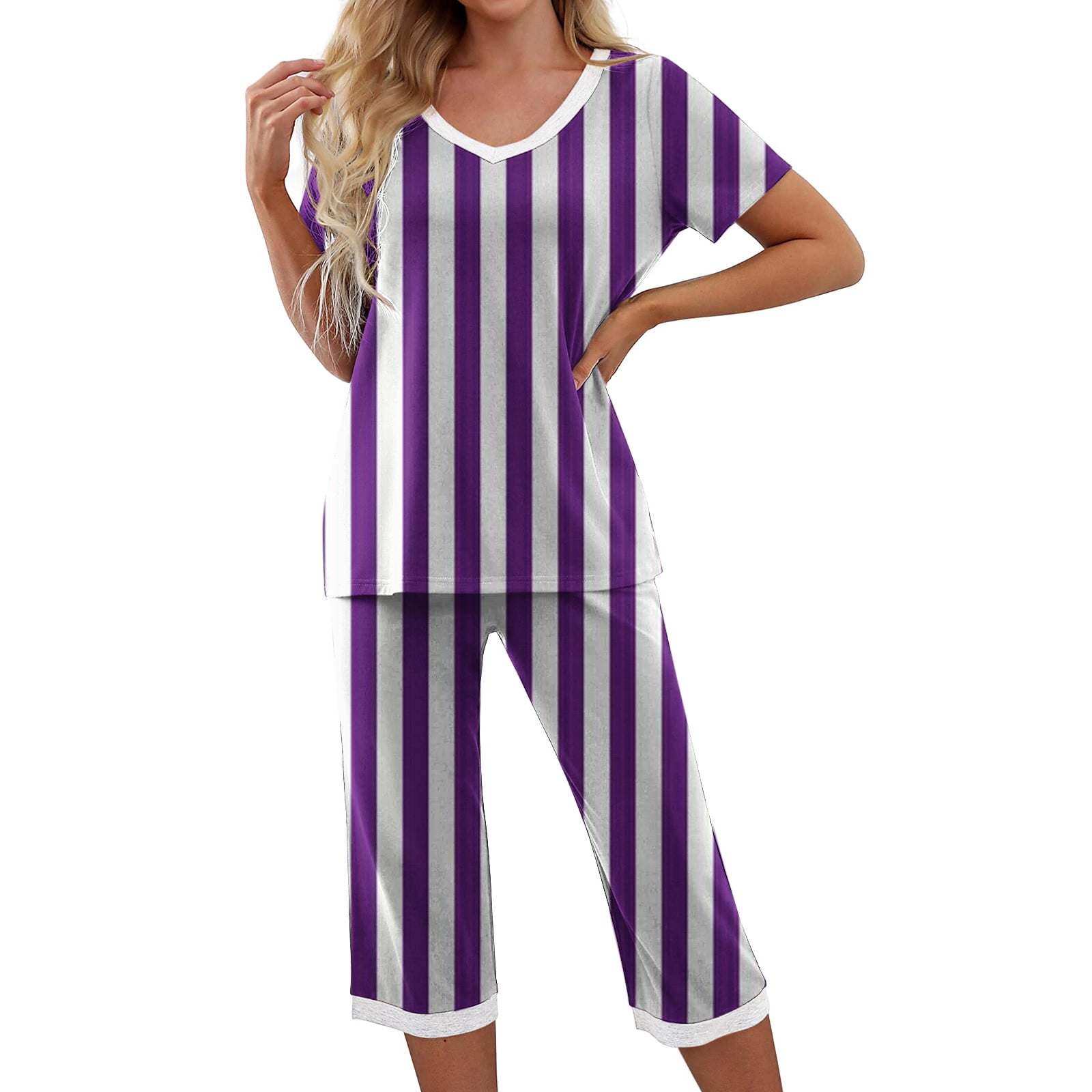 Aboser Womens Capri Pajama Sets Casual Short Sleeve Sleepwear V Neck ...