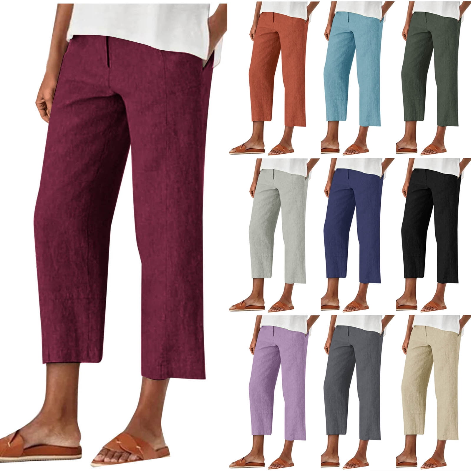 Aboser Womens Capri Pants Wide Leg Cotton Linen Capris Loose Zipper ...