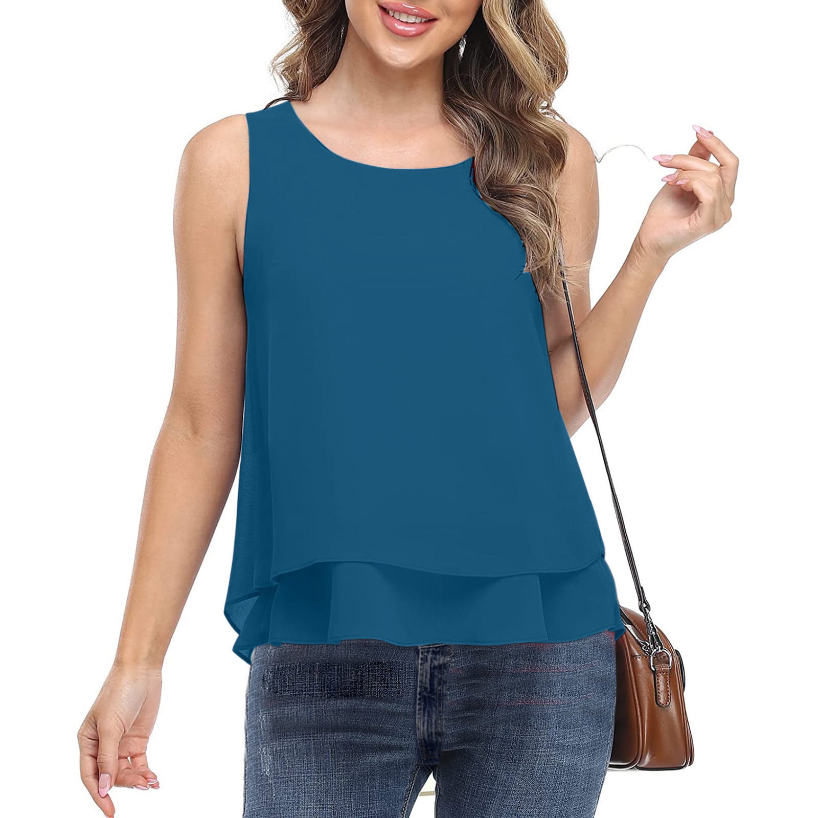 Aboser Womens Casual Chiffon Tank Tops Flowy Double Layer Shirts Loose ...