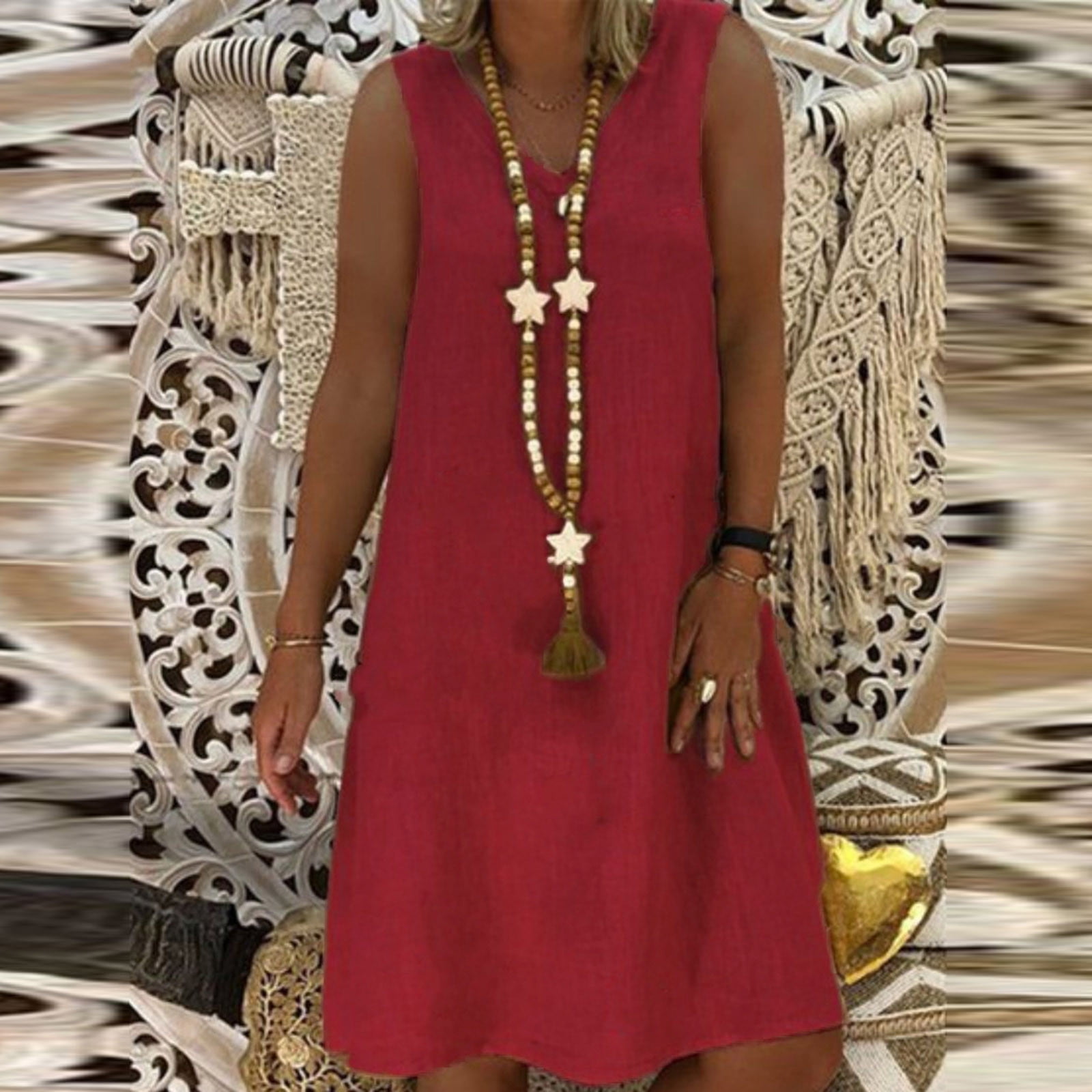 Aboser Womens Casual Sleeveless Dresses Cotton Linen Midi Dress Solid ...