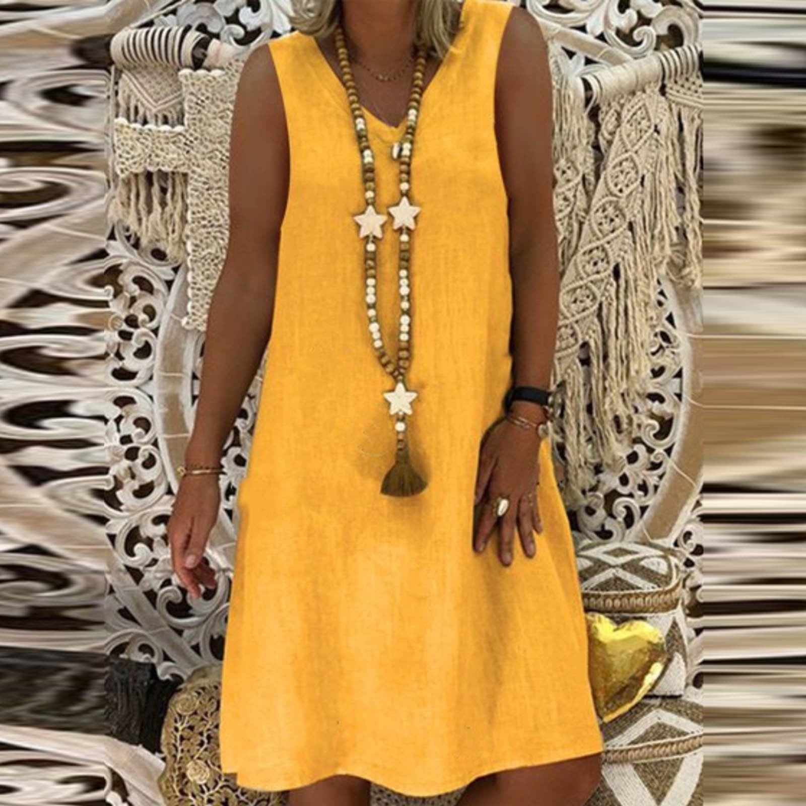 Aboser Womens Casual Sleeveless Dresses Cotton Linen Midi Dress Solid ...