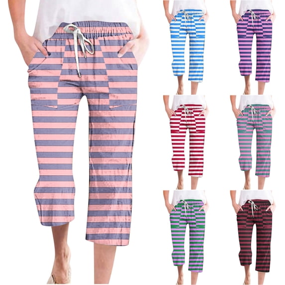 Aboser Womens Casual Stripes Capri Pants with Pockets Trendy Color ...
