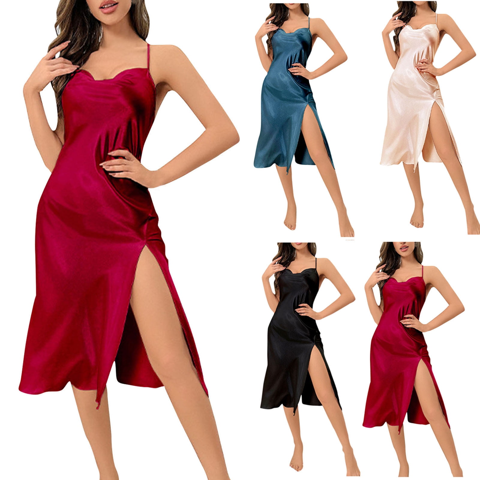 Aboser Womens Chemise Nightgowns Elegant Satin Silk Sleepdress High ...