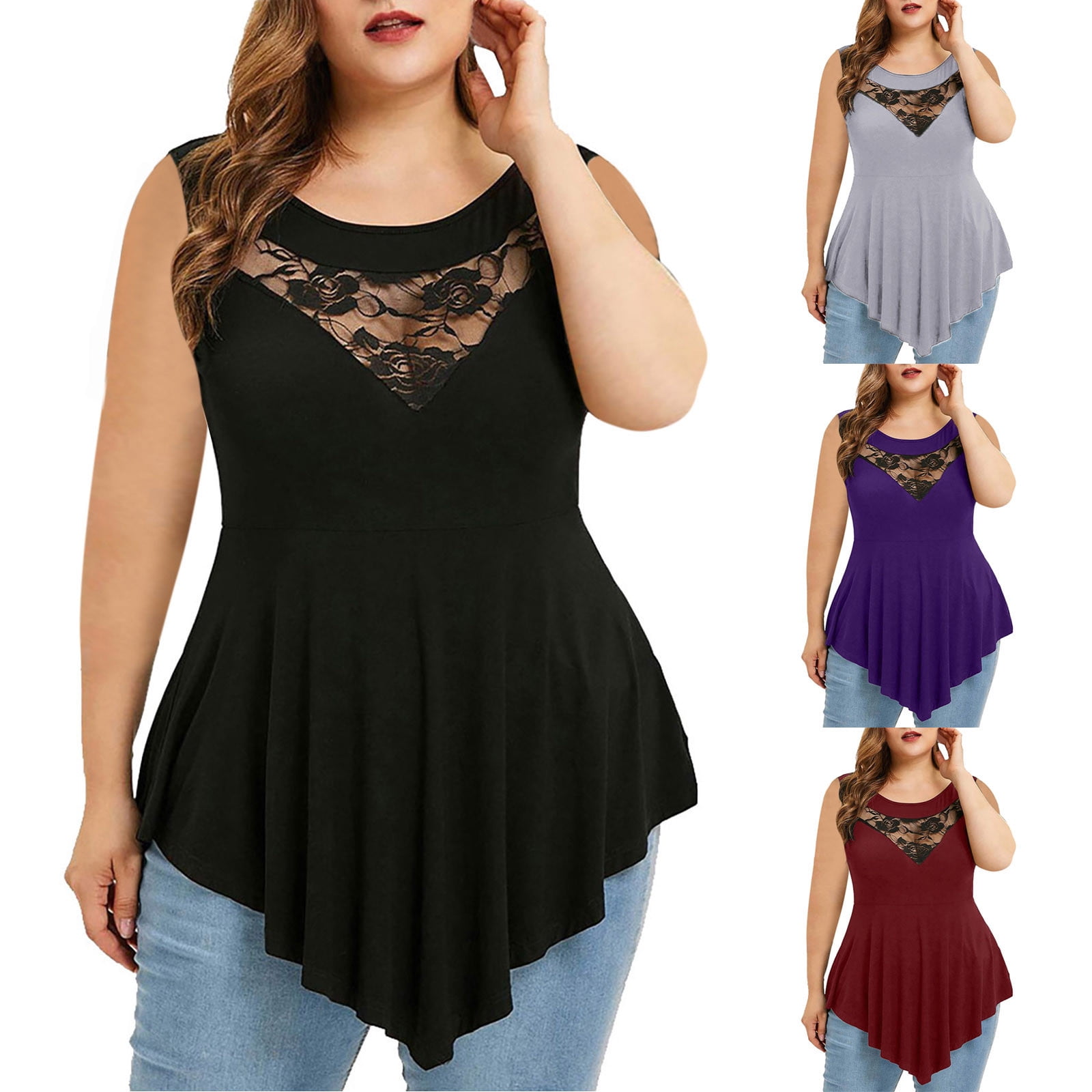 Aboser Womens Elegant Sleeveless Blouses Plus Size Hide Belly Tunic Tops Trendy Lace Patchwork ...