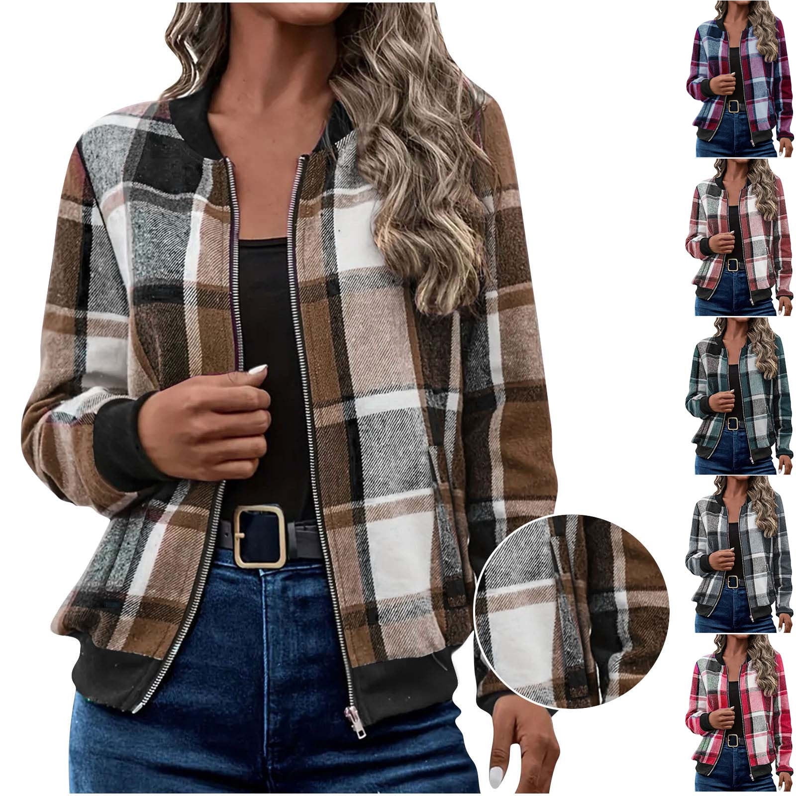 Aboser Womens Flannel Plaid Bomber Jacket Zip Up Shackets Trendy Stand ...