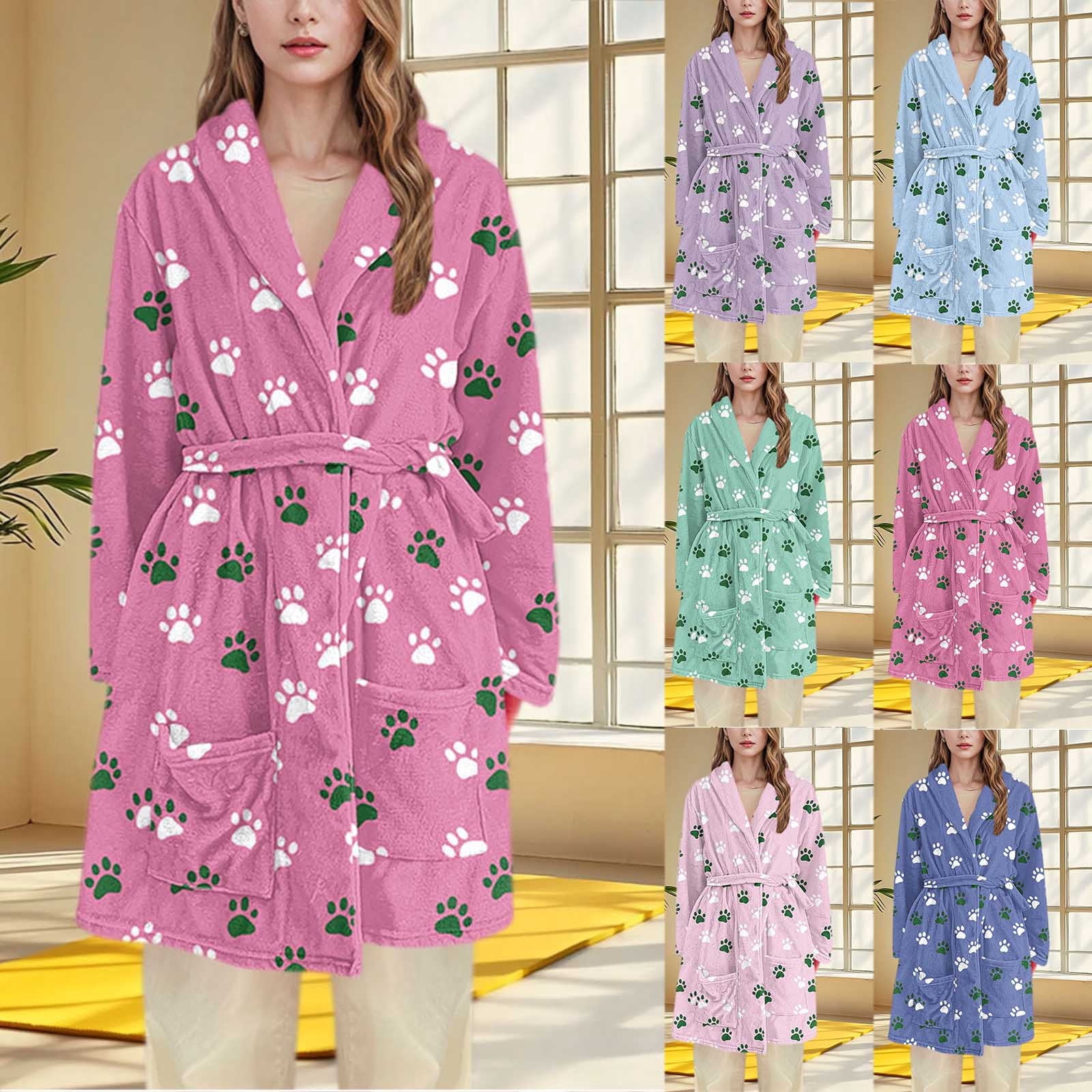 Aboser Womens Flannel Robes Fluffy Plush Bathrobe Cute Dog Claw Print ...