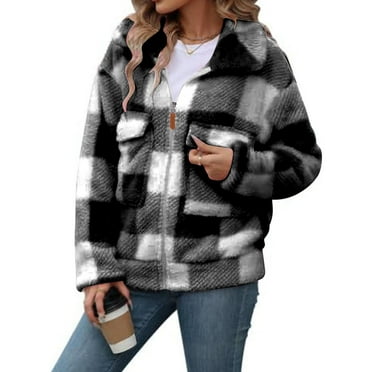 SHEWIN Womens Sherpa Jackets Fuzzy Hooded Zip Up Coats Casual Solid Long Sleeve Fleece Shacket ...