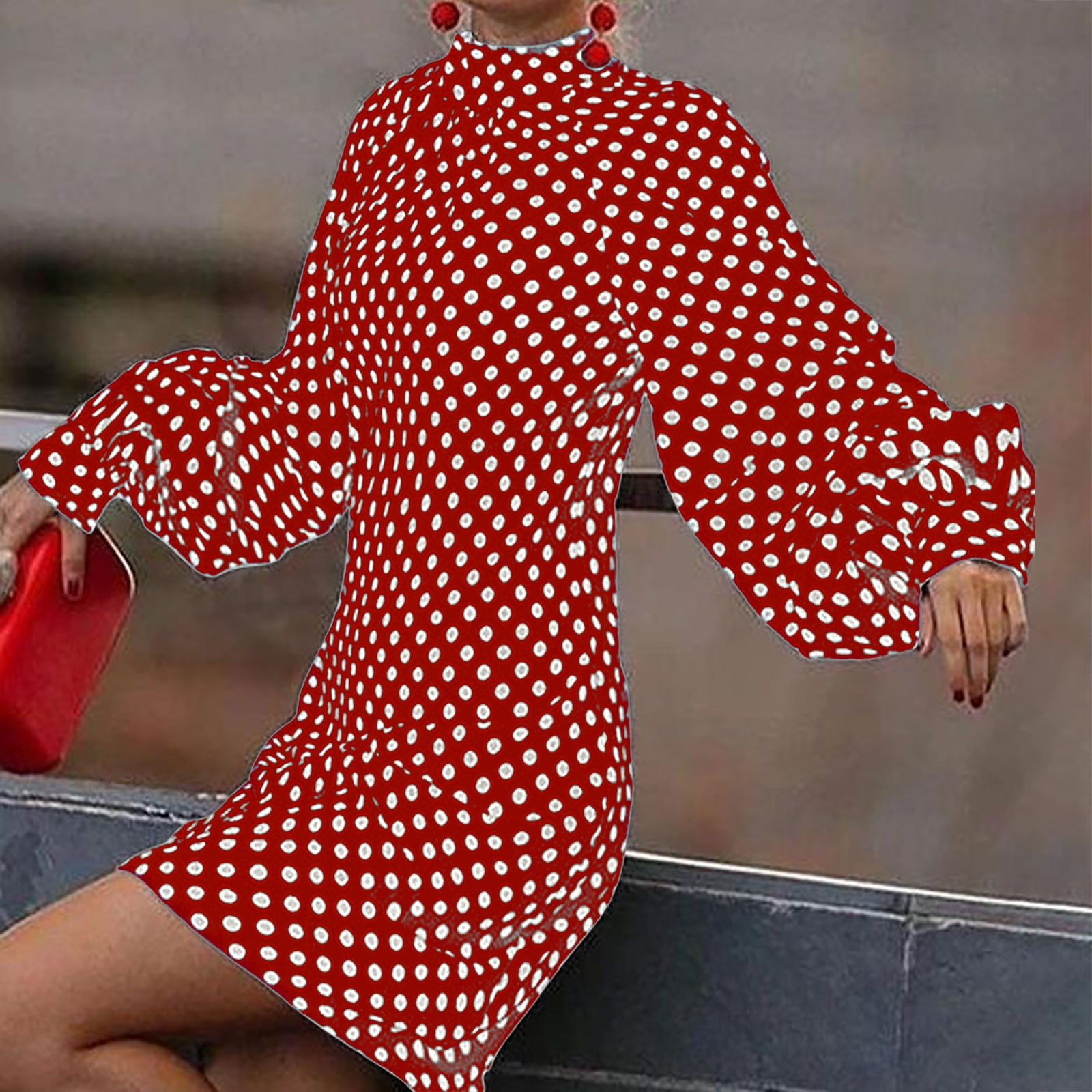 Aboser Womens High Neck Midi Dress Trendy Polka Dot Printing Dresses ...