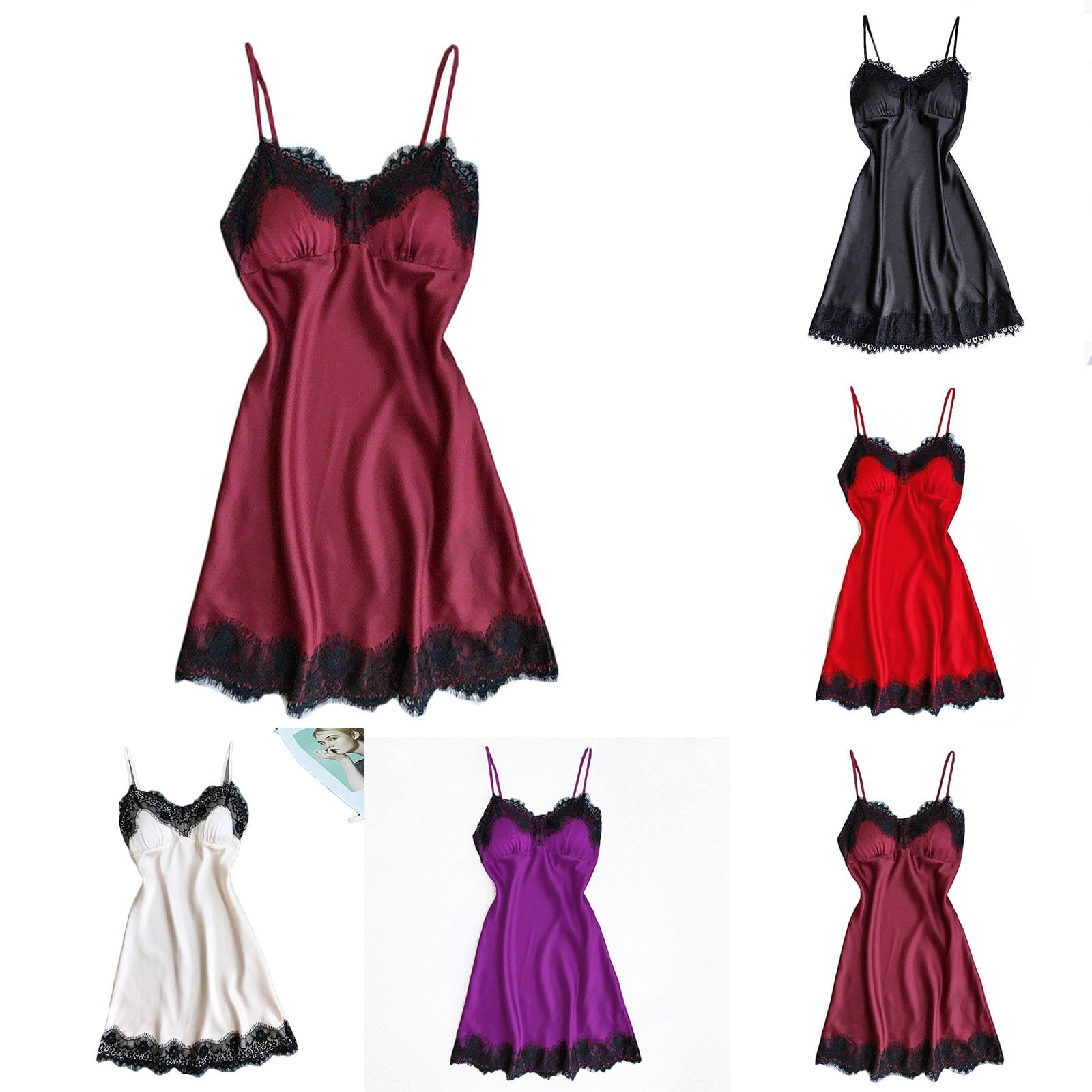 Aboser Womens Lace Trim Chemise Nightgowns Sexy Spaghetti Strap ...
