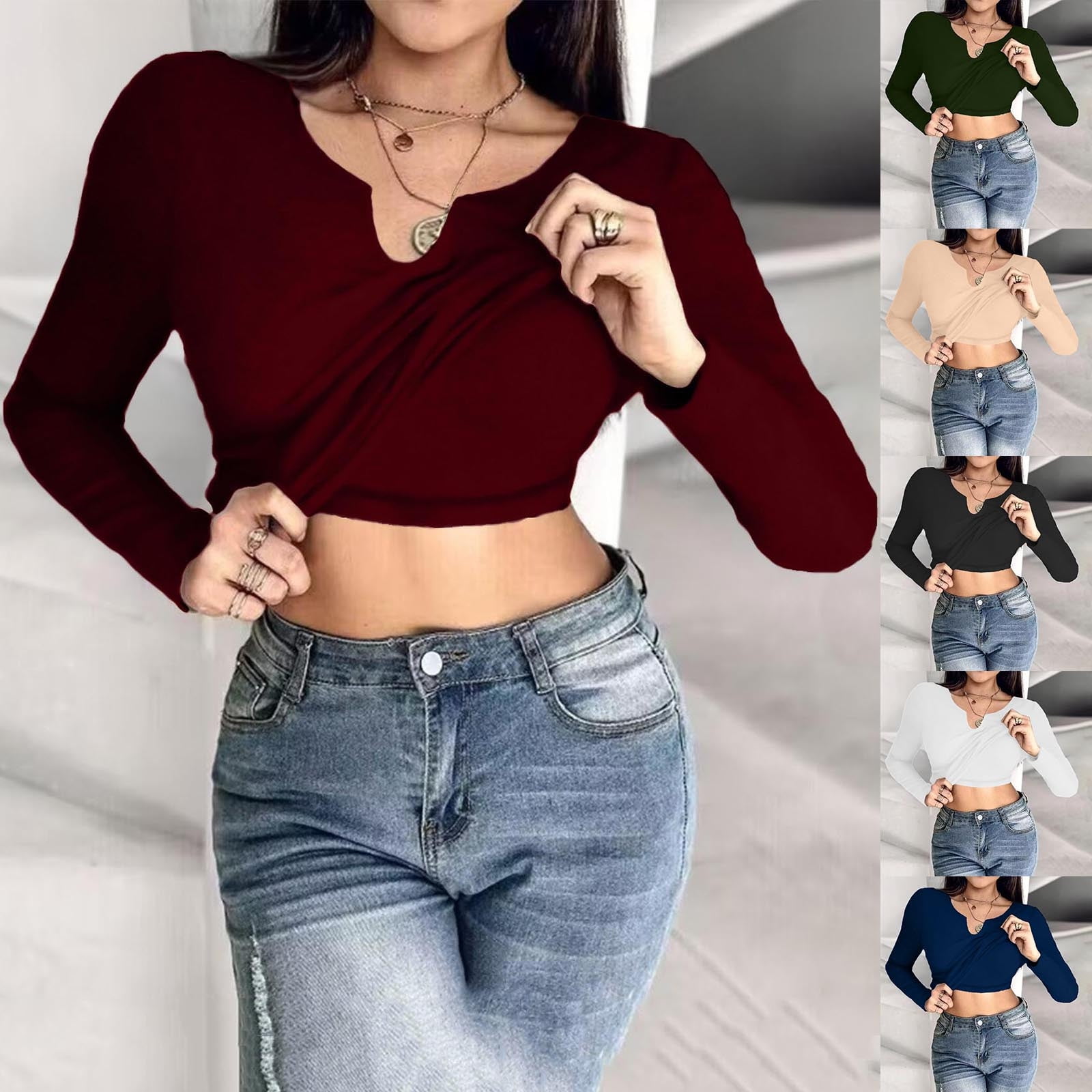 Aboser Womens Long Sleeve Tight Shirts with Built in Bras Soft Notch V ...