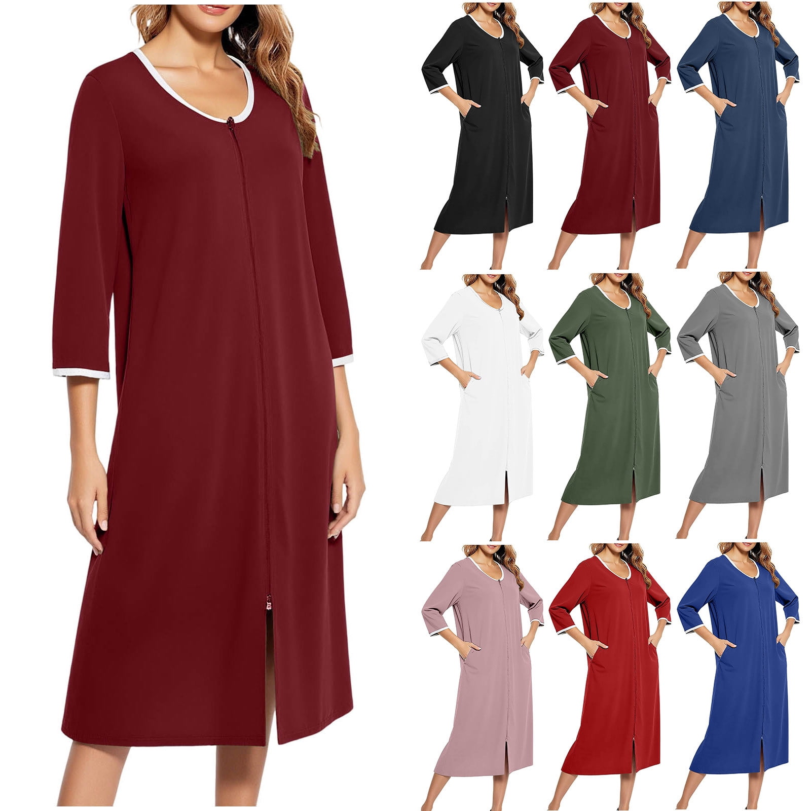 Aboser Womens Lounger Robes with Pockets Zipper Up Crewneck Nightgown ...