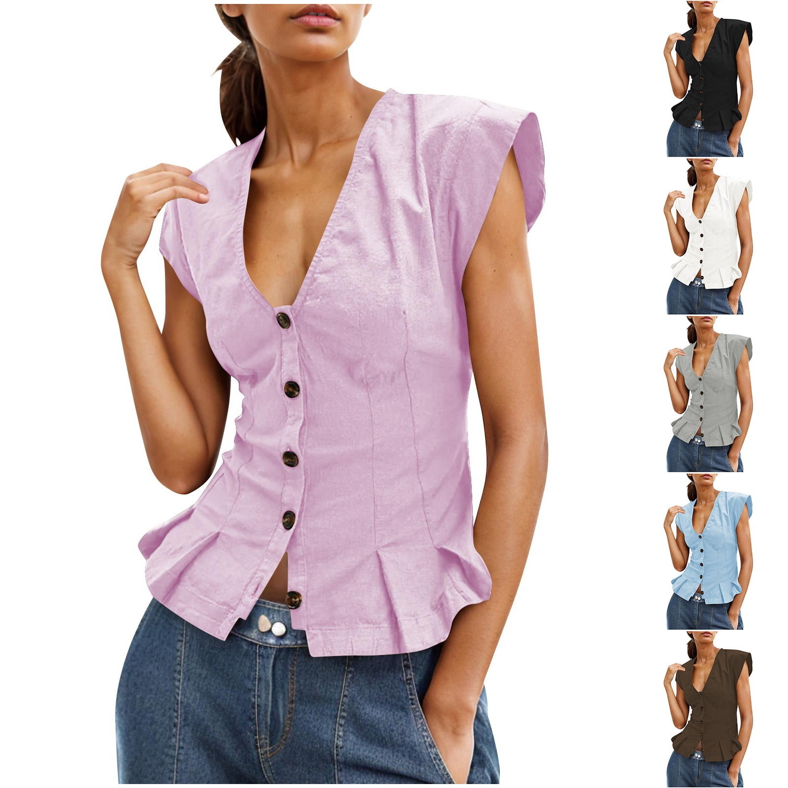 Aboser Womens Peplum Tops Y2K Preppy Vest Top Summer Trendy Deep V Neck ...