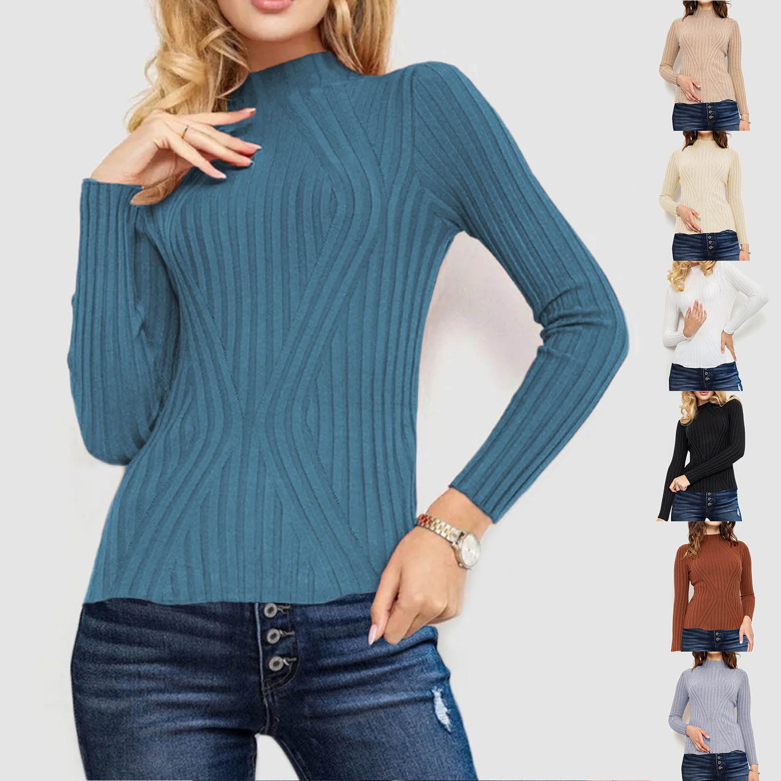 Aboser Womens Ribbed Knit Sweaters Thin Mock Neck Basic Shirts Solid ...