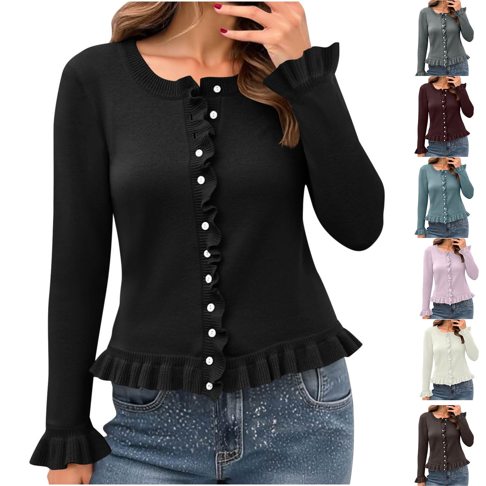 Aboser Womens Ruffled Peplum Cardigan Sweaters Button Up Crew Neck ...
