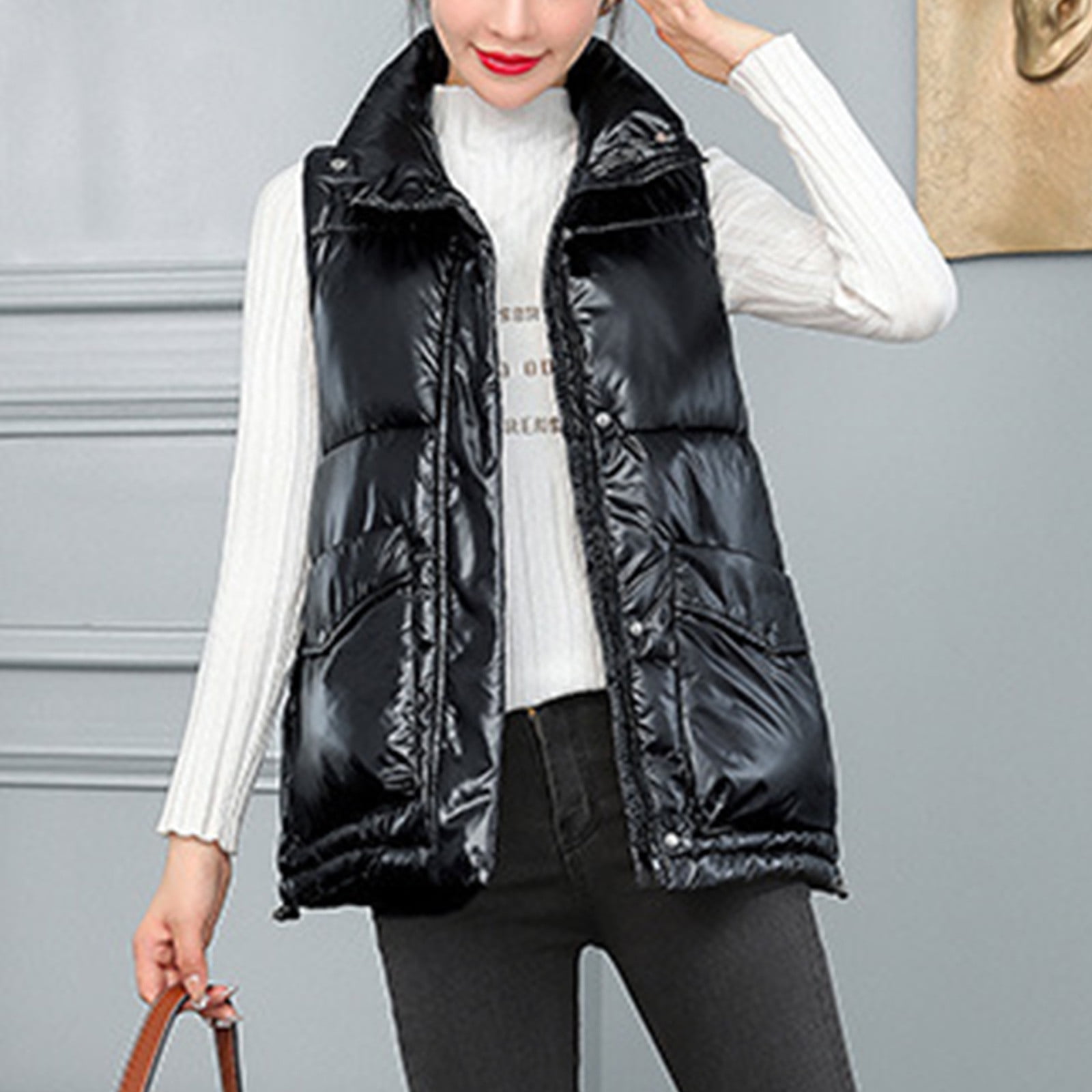 Aboser Womens Shiny Puffer Vest Winter Fashion Quilted Jackets Solid ...