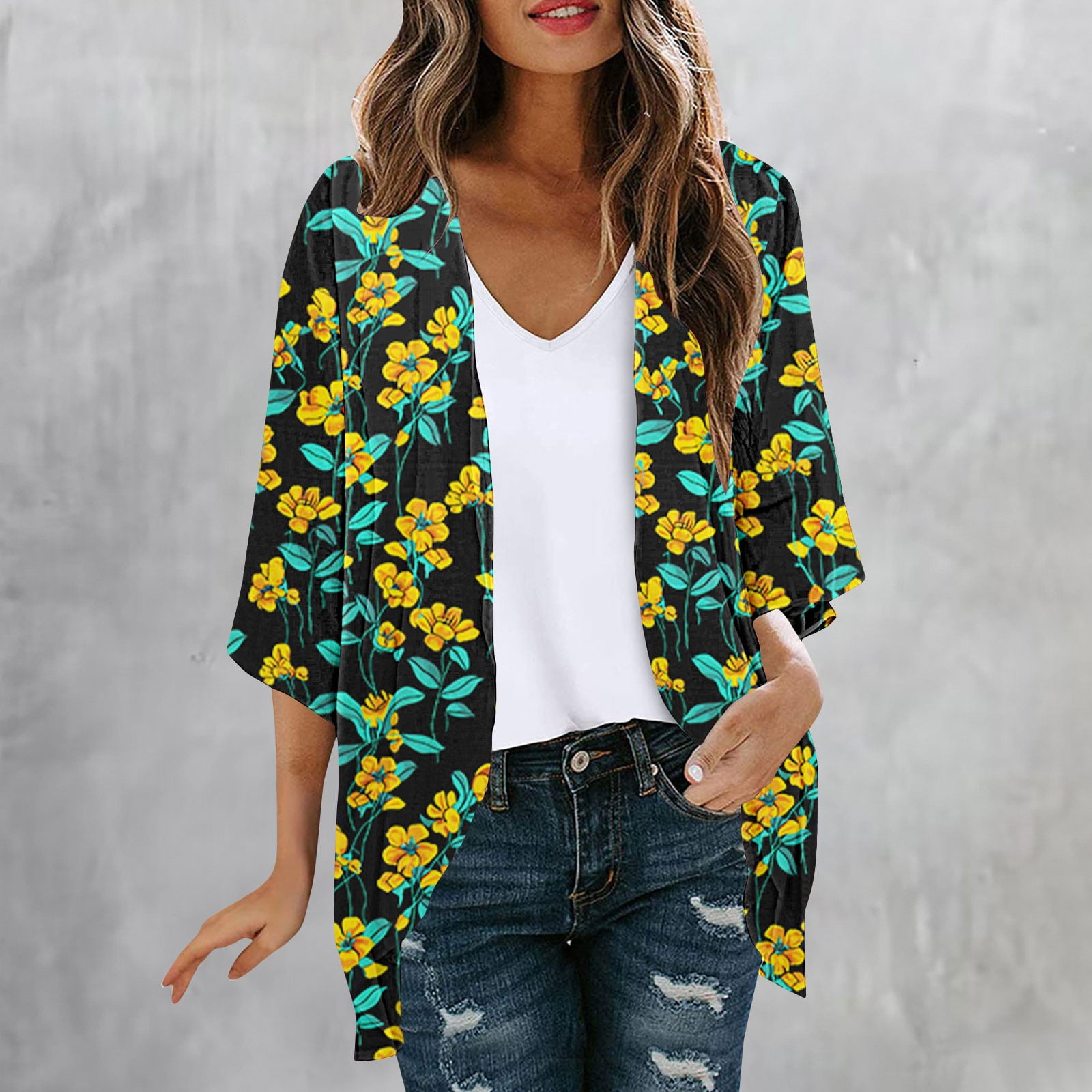 Aboser Womens Short Sleeve Kimono Cardigan Cute Floral Print Cardigans ...