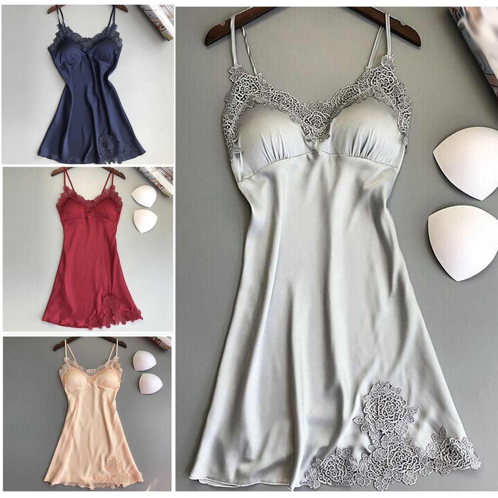 Aboser Womens Silk Satin Nightgowns Deep V-Neck Babydoll Sleepwear ...