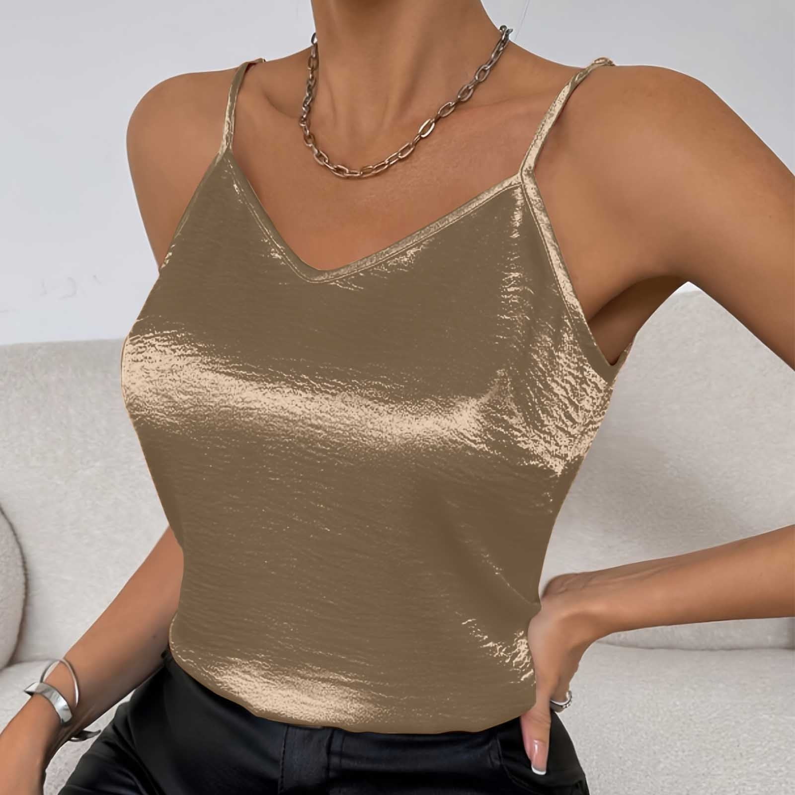 Aboser Womens Silky Satin Camisole Tops Trendy Shiny Party Shirt ...