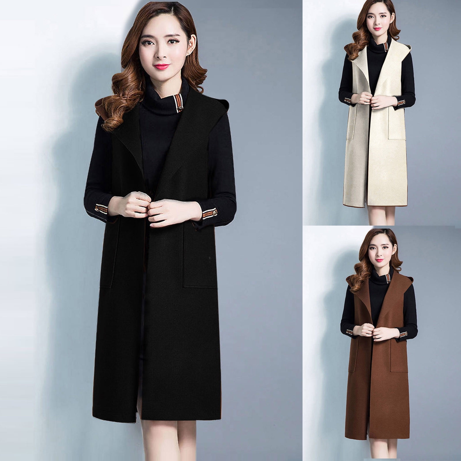 Aboser Womens Sleeveless Woolen Coats Dressy Casual Long Jakcets Loose ...