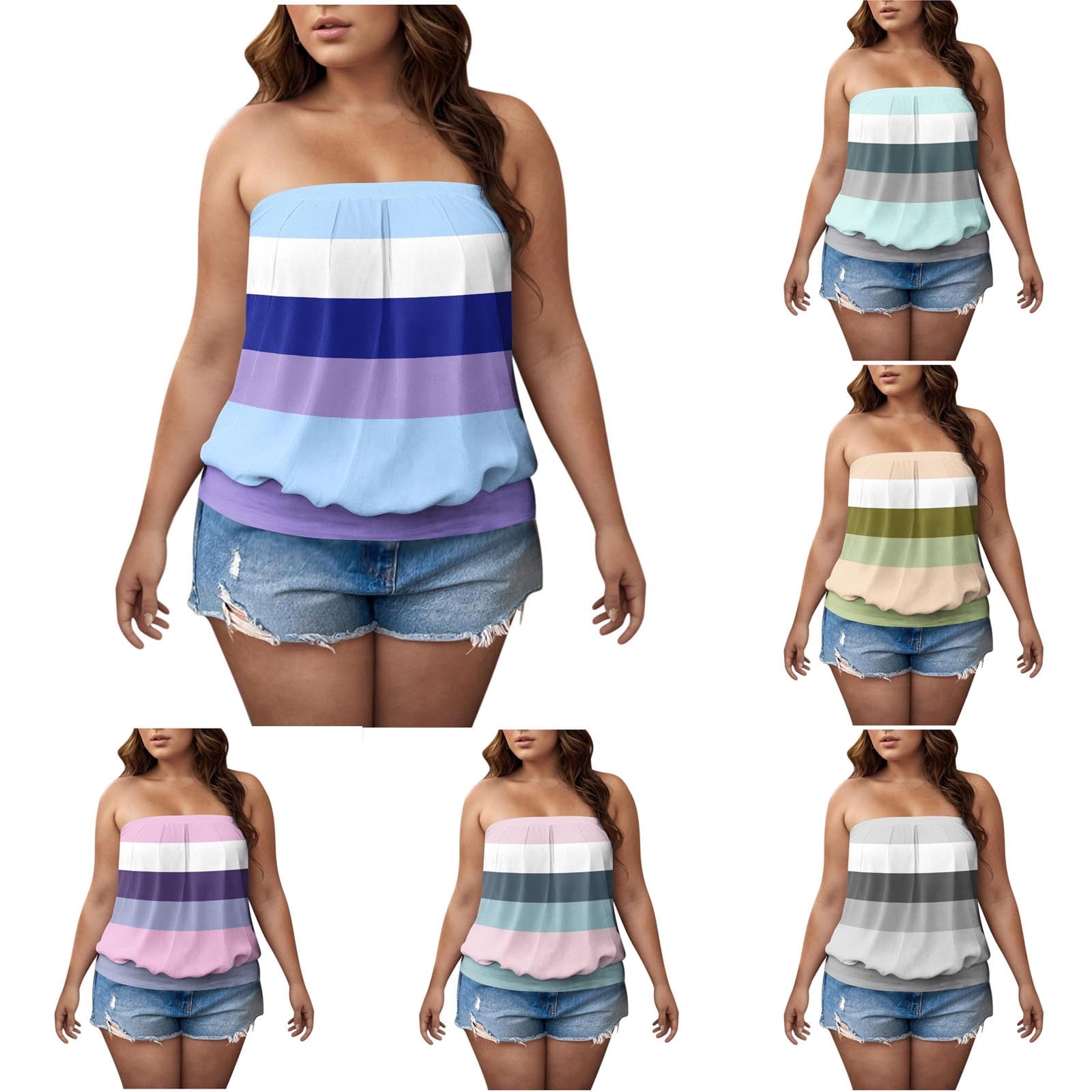Aboser Womens Strapless Tube Tops Plus Size Striped Print Blouson Shirt ...