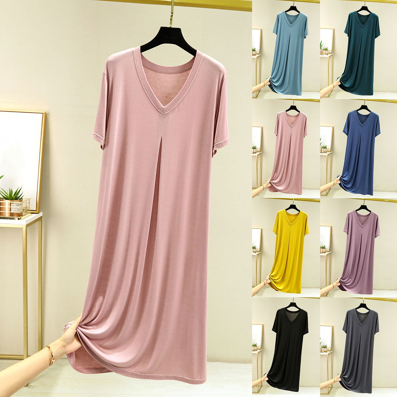 Aboser Womens Stretchy Modal Nightgown Breathable V Neck Nightshirts ...