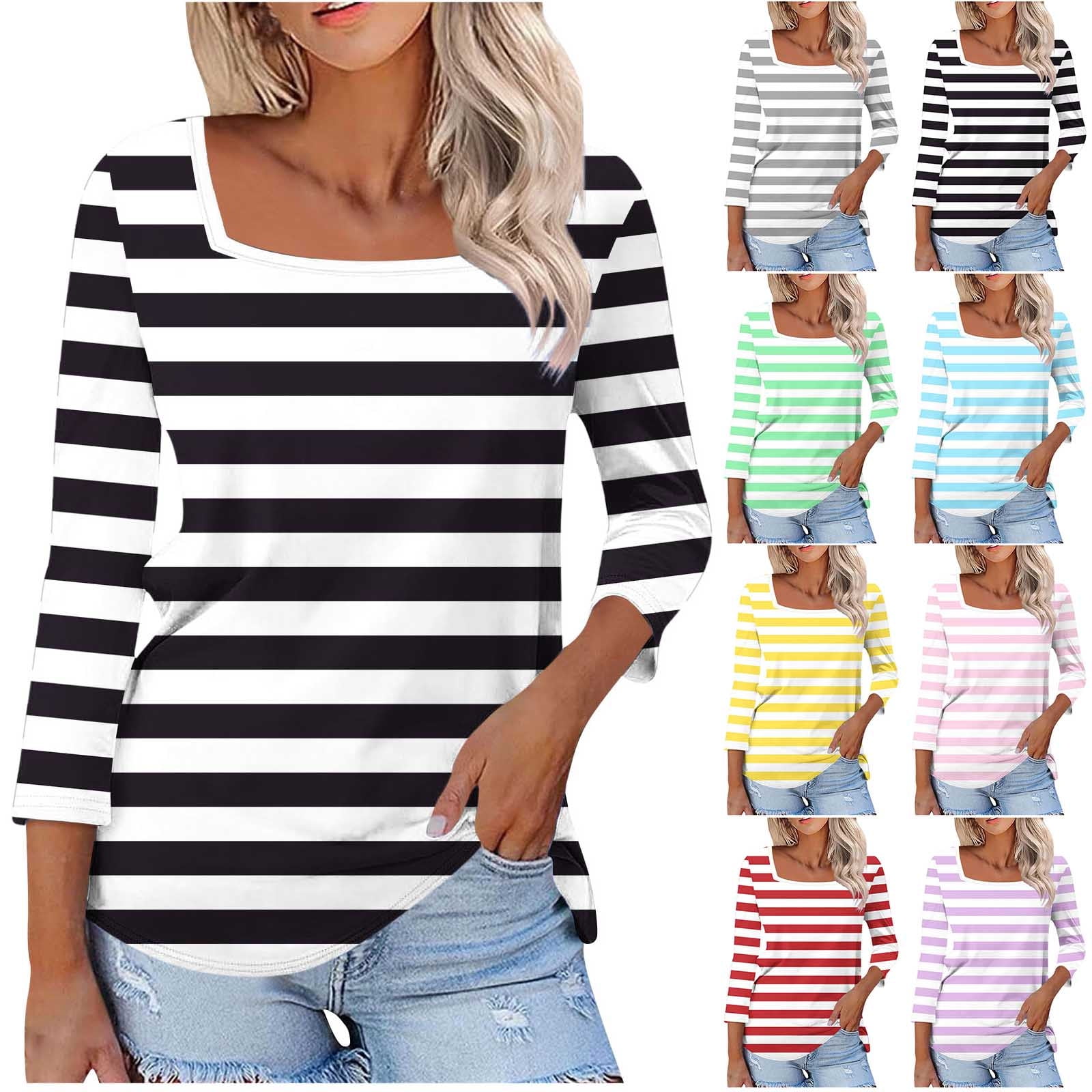 Aboser Womens Striped Print T Shirts 3/4 Sleeve Fall Tops Comfy Square ...